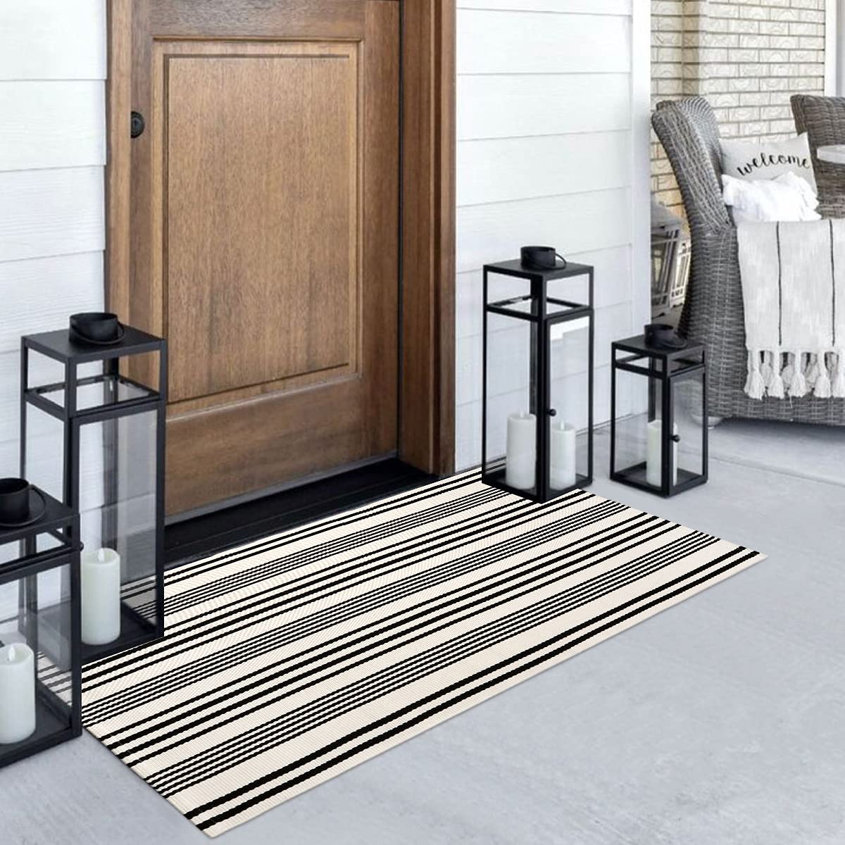 Black and White Striped Outdoor Rug, 2’ x 4.3’ Cotton Hand-Woven ...