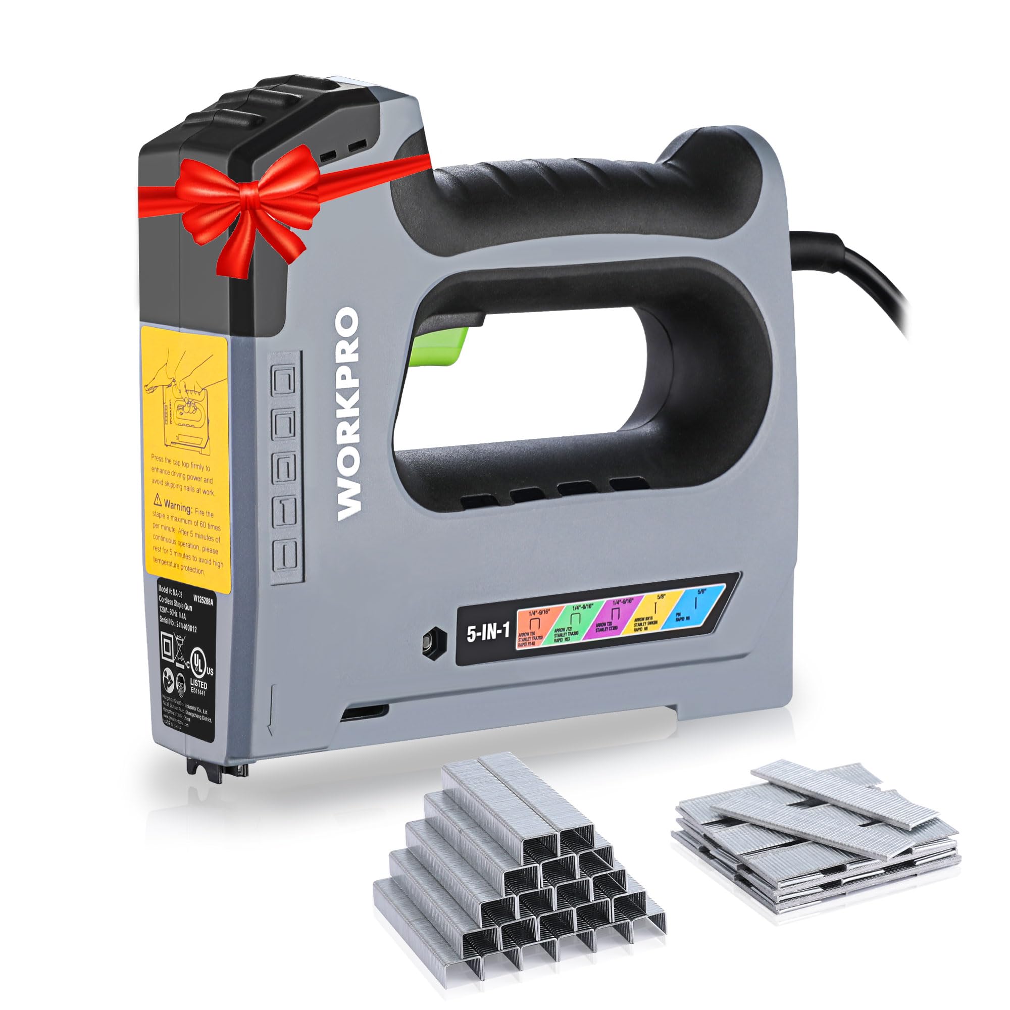 WORKPRO 5 in 1 Staple Gun,110V Corded Brad Nailer with 2000 Staples and ...