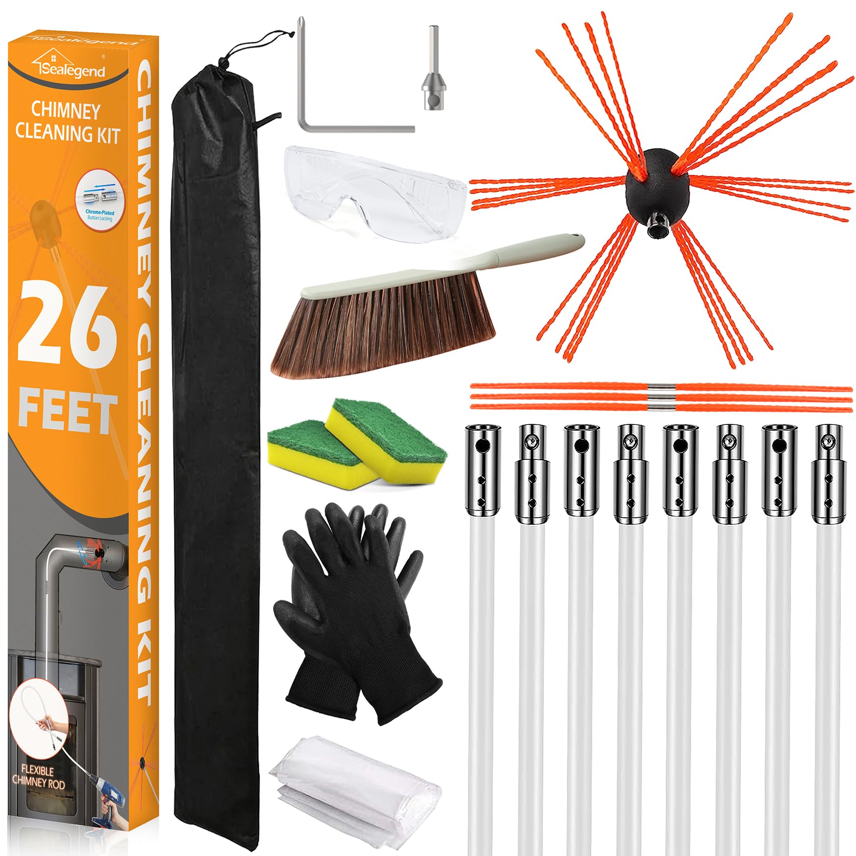 Sealegend 26 Feet Chimney Sweep Kit Chimney Brush, Rotary Chimney ...