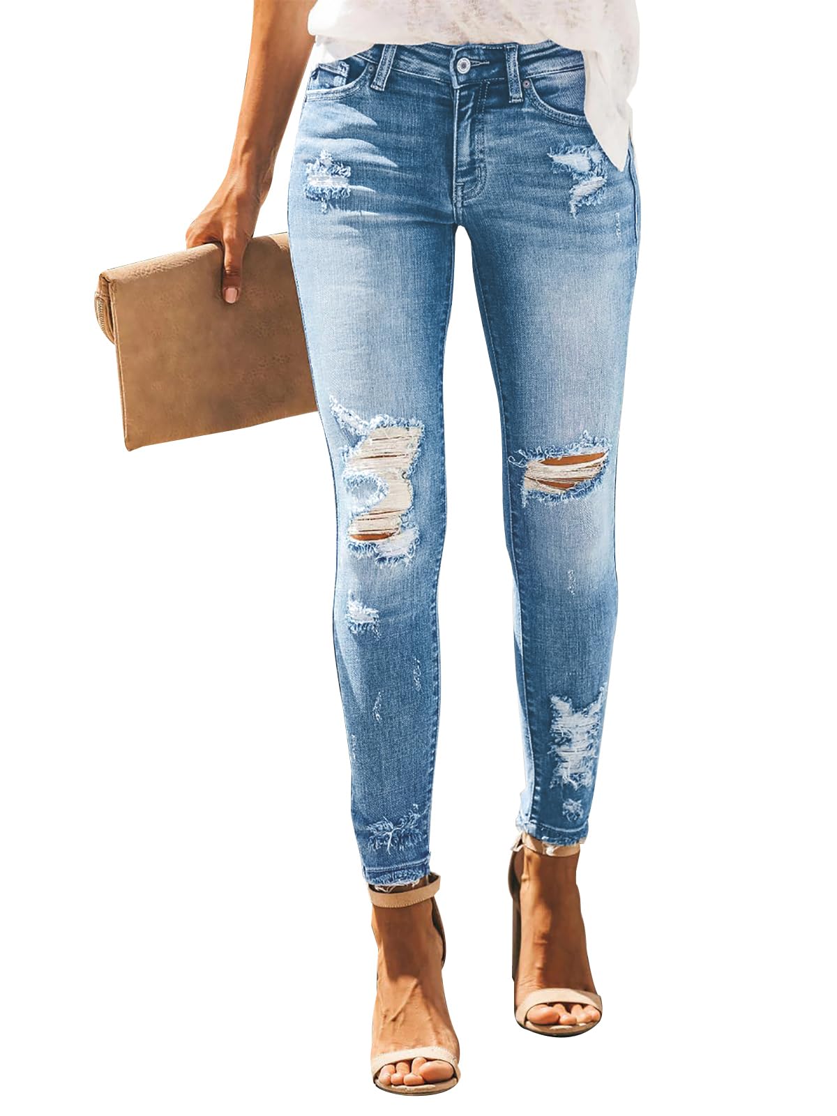 KUNMI Women's Skinny Ripped Trendy Jeans Distressed Stretchy Denim ...