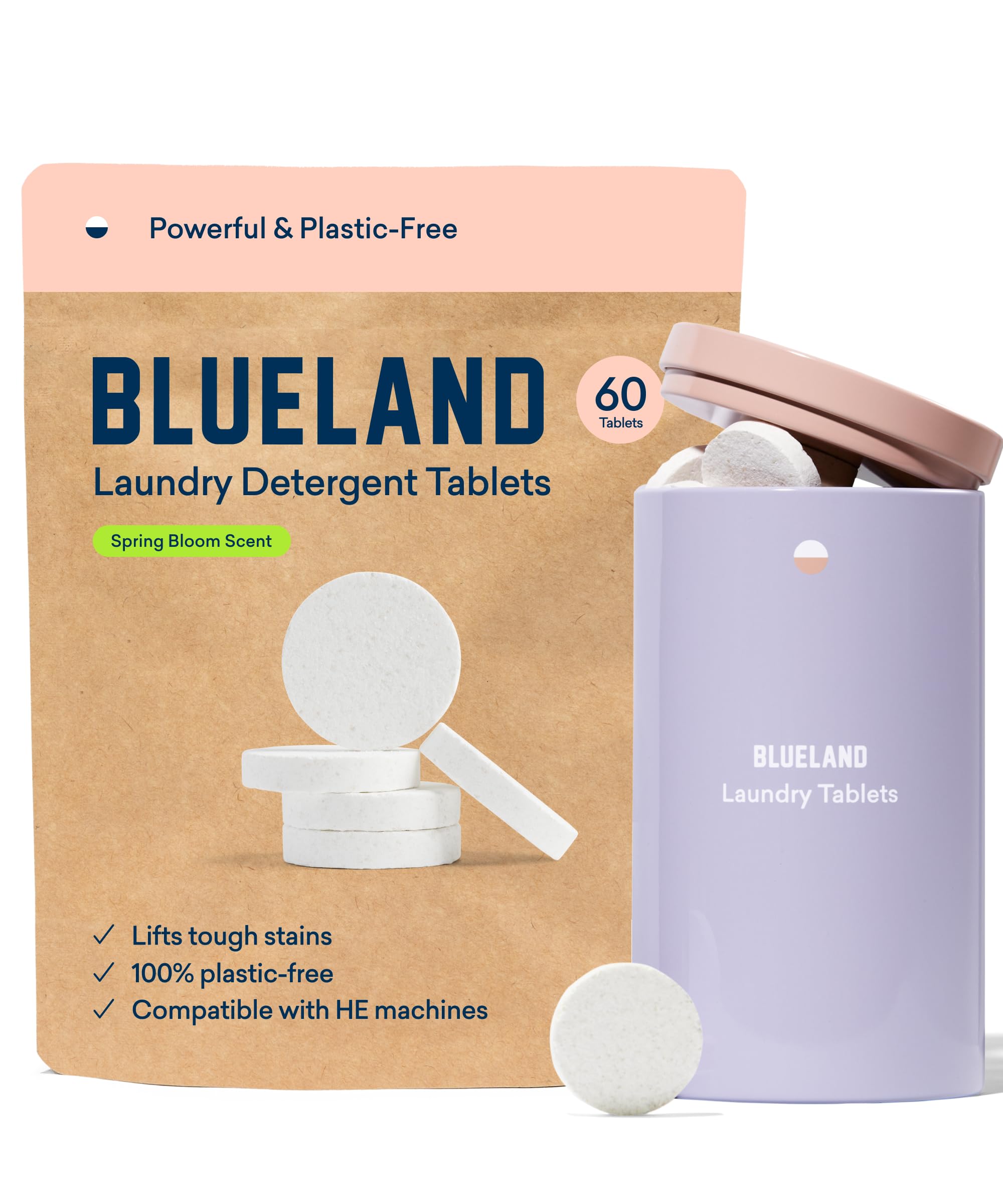 BLUELAND Laundry Detergent Tablets, Starter Set, 60 Count with Tin, Spring Bloom Scent, Plastic ...