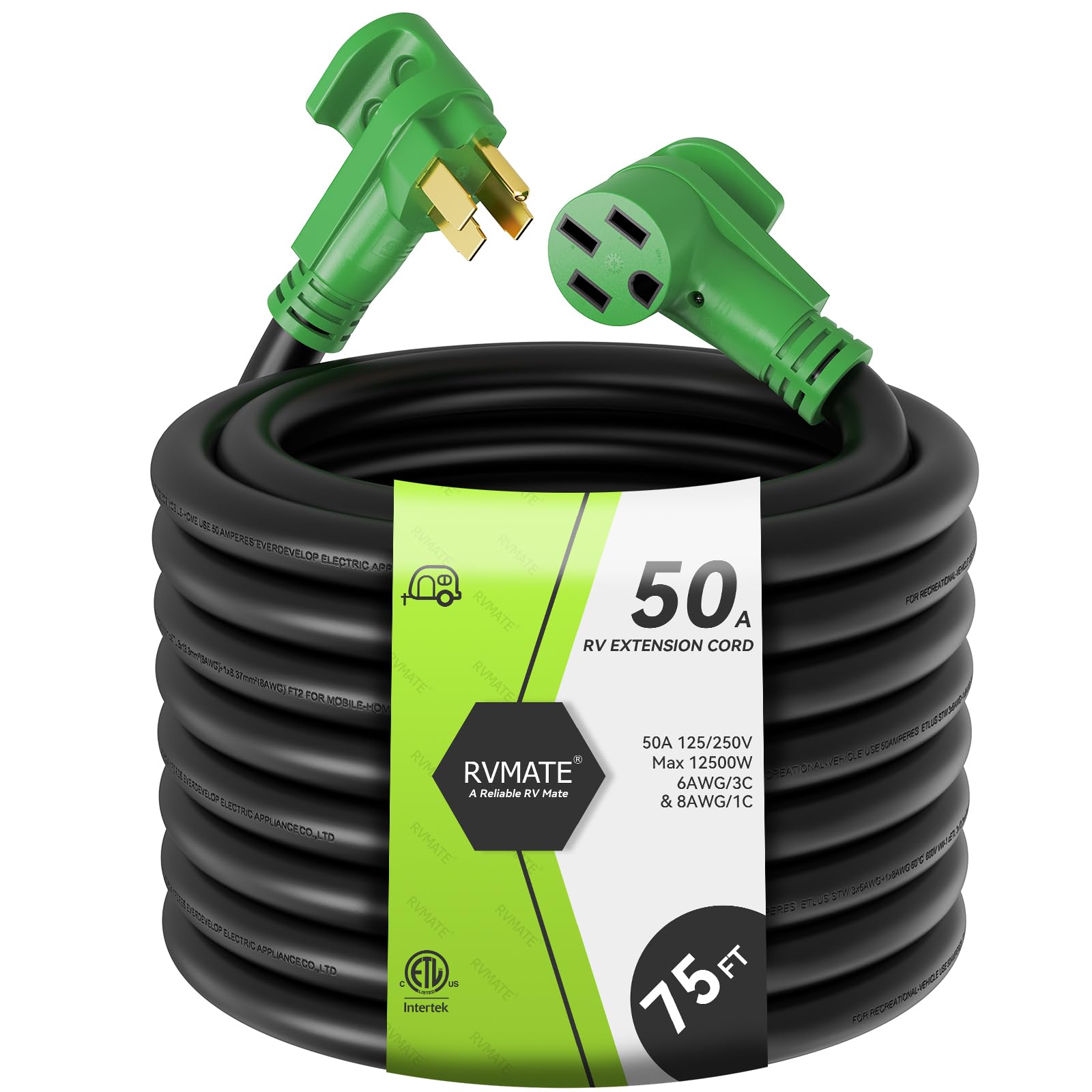 RVMATE 50 Amp 75 Feet RV/EV Extension Cord, Easy Plug in Handle, 14-50P ...
