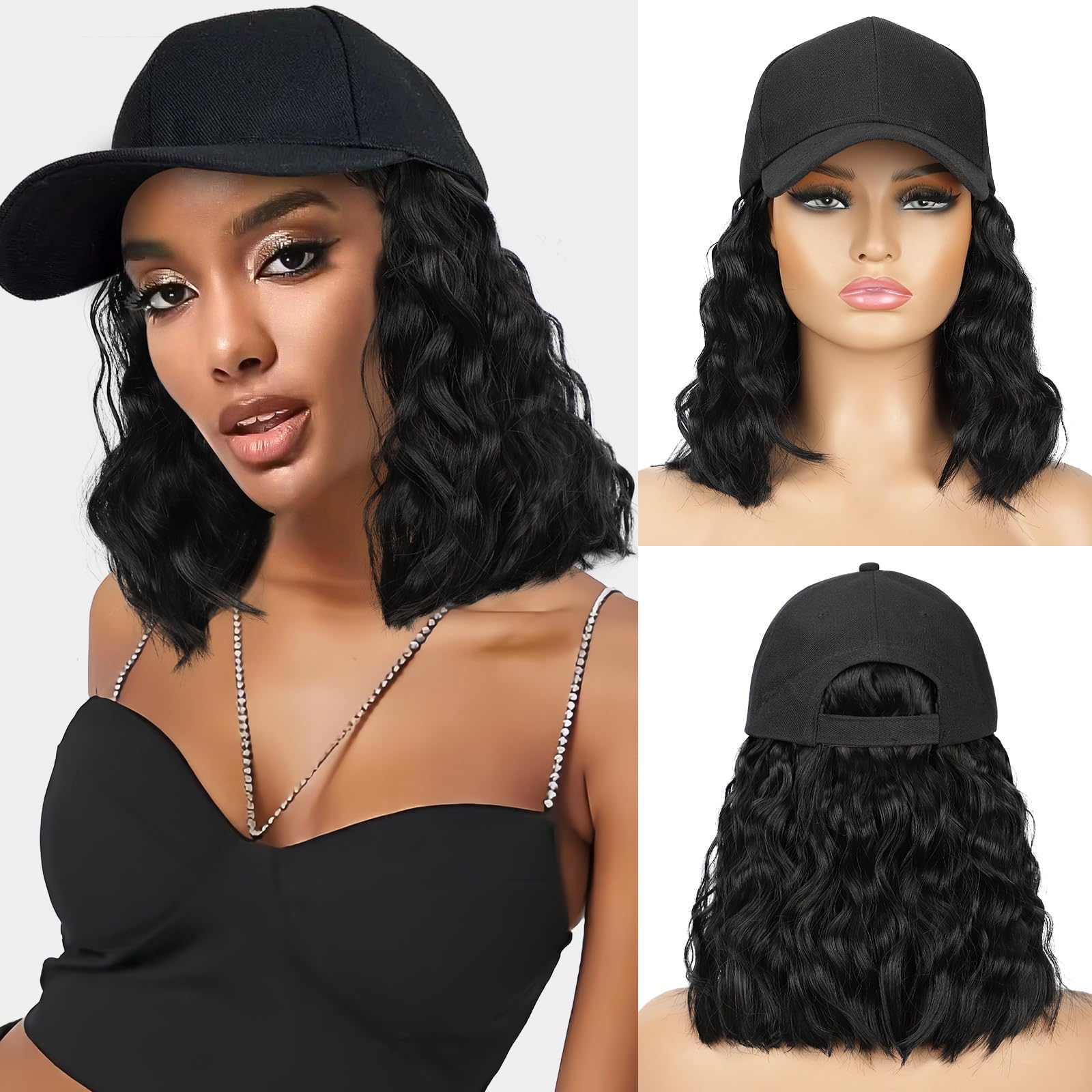 HANYUDIE Hat Wig for Women Wig Cap with Curly Hair Extensions Hat with ...