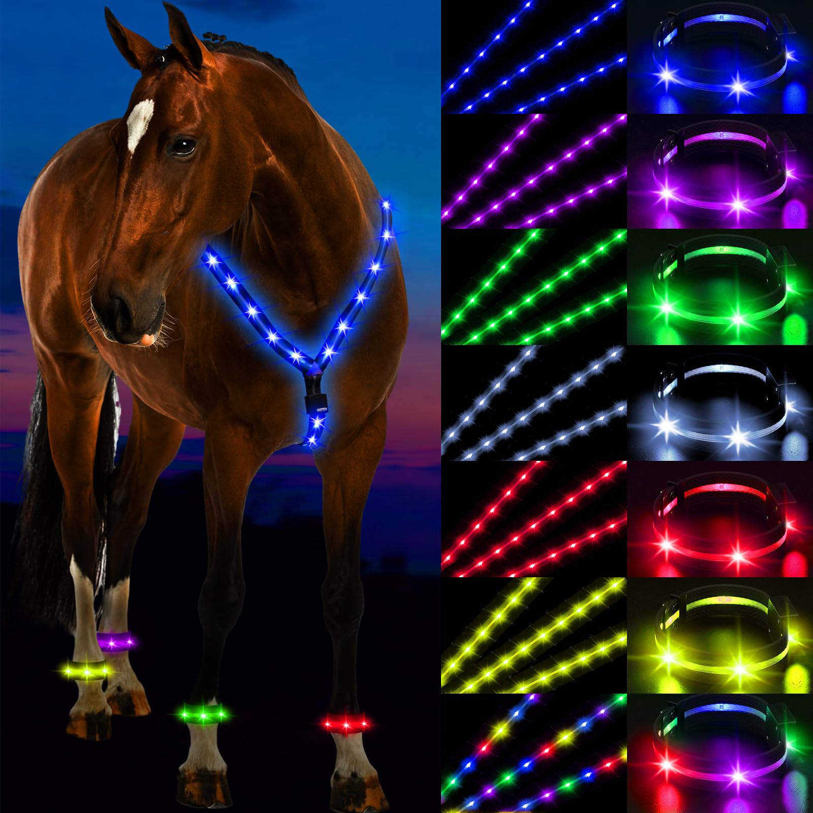 SilTriangle 5 Pcs 7 Colors LED Horse Breastplate and Leg Band Set USB ...