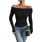 Meetrendi Womens Off Shoulder Tops Slim Fit Long Sleeves Spring Fall ...