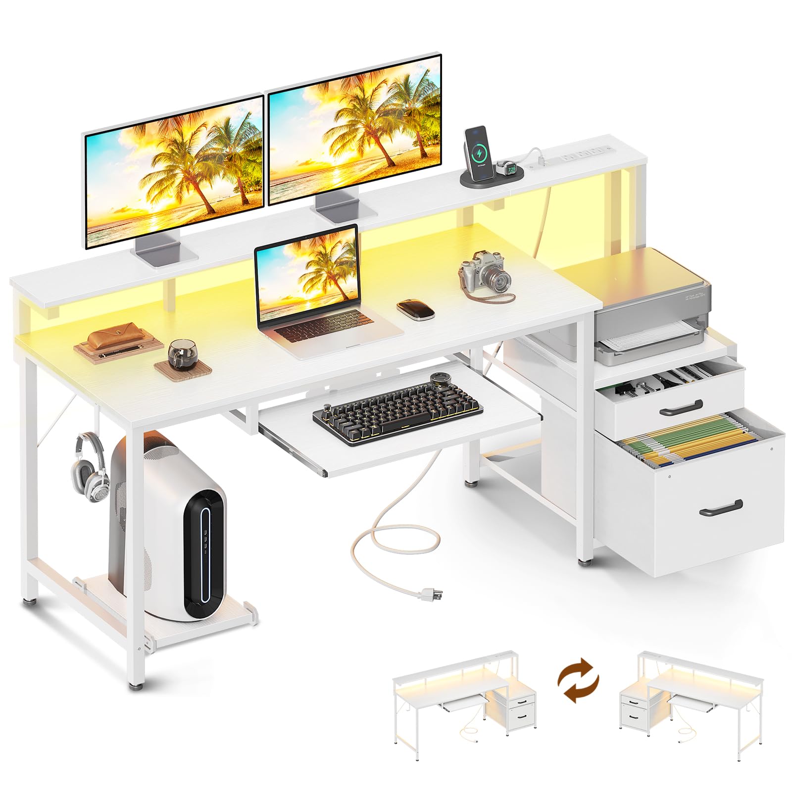 Mua AODK 63 Inch Computer Desk with Power Outlet and LED Light ...