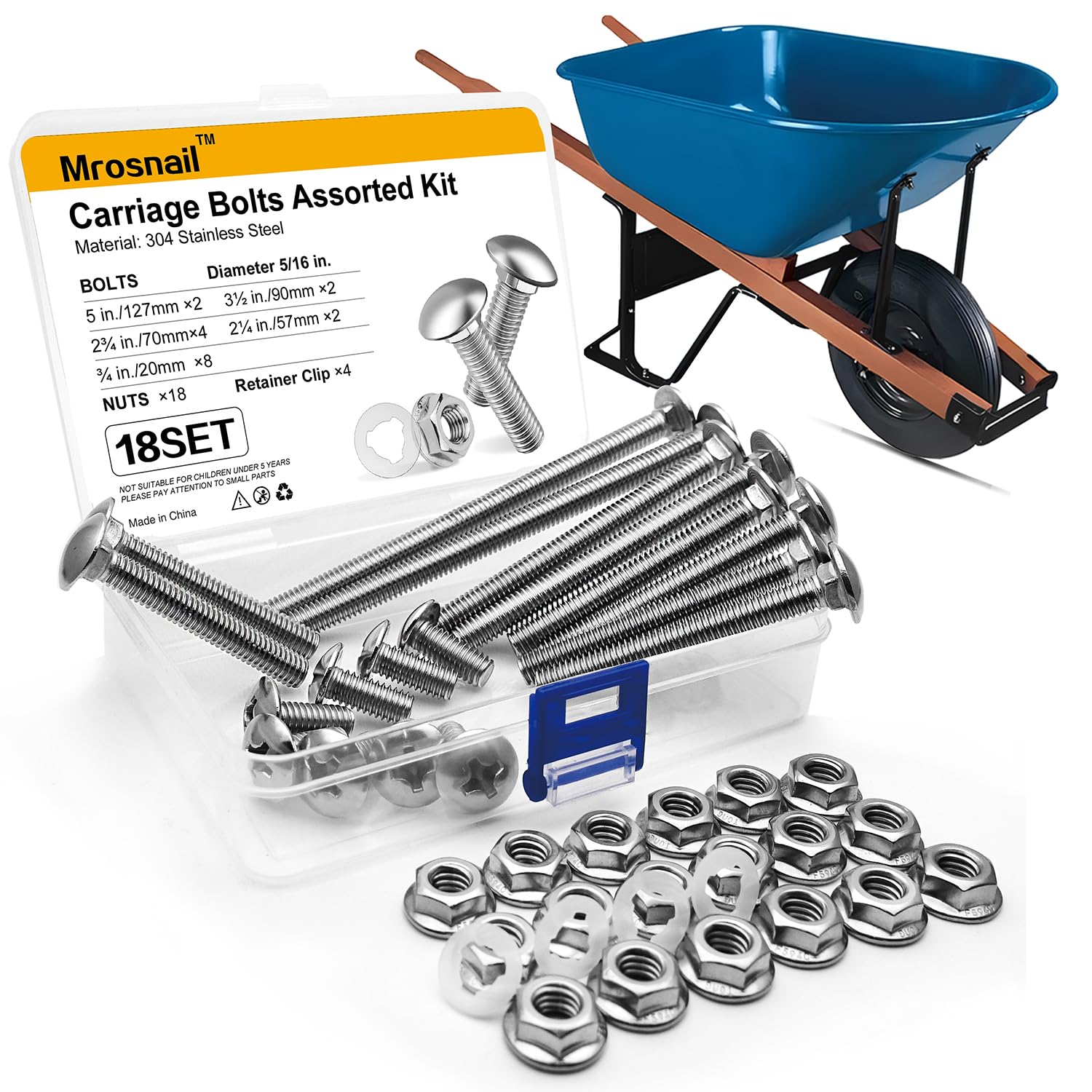 Mrosnail Wheelbarrow Carriage Bolts and Nuts Kit,Stainless Steel ...