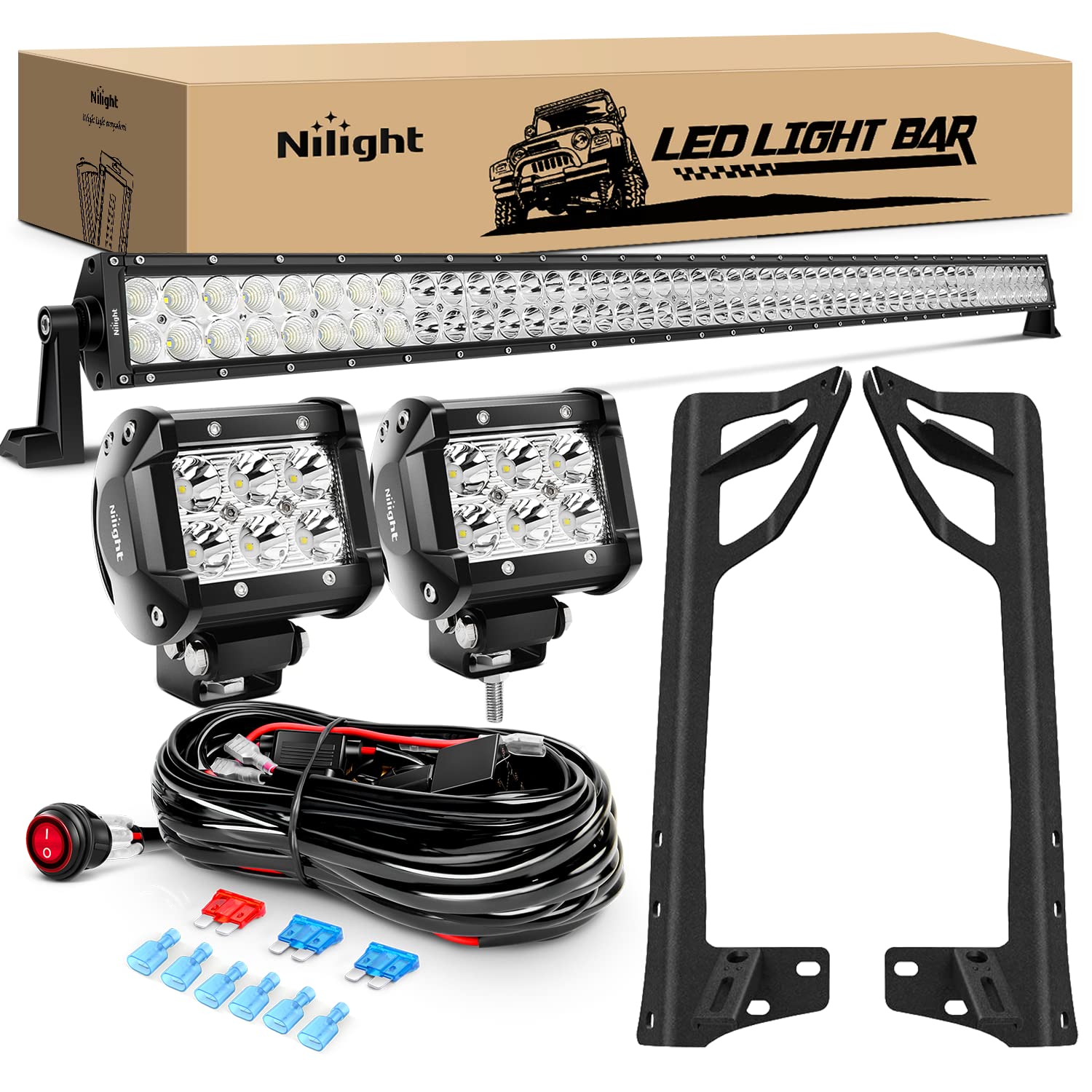 Nilight 52Inch Led Light Bar Spot Flood 2Pcs 18W 4Inch Spot LED Pods ...