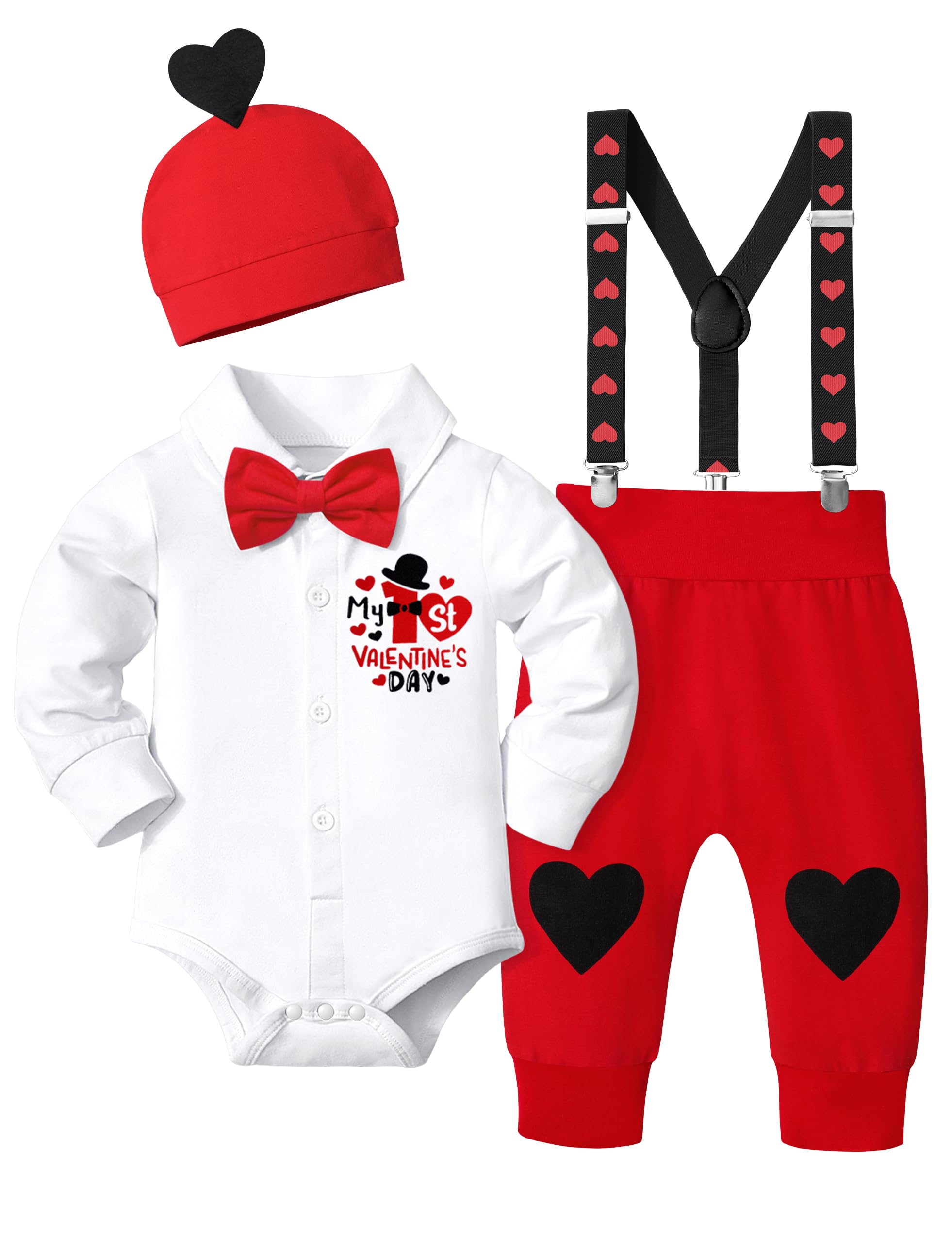 DONWEN My First Valentines Day Baby Boy Outfit 6-9 Month Infant Boy Long Sleeve Bowtie Romper ...