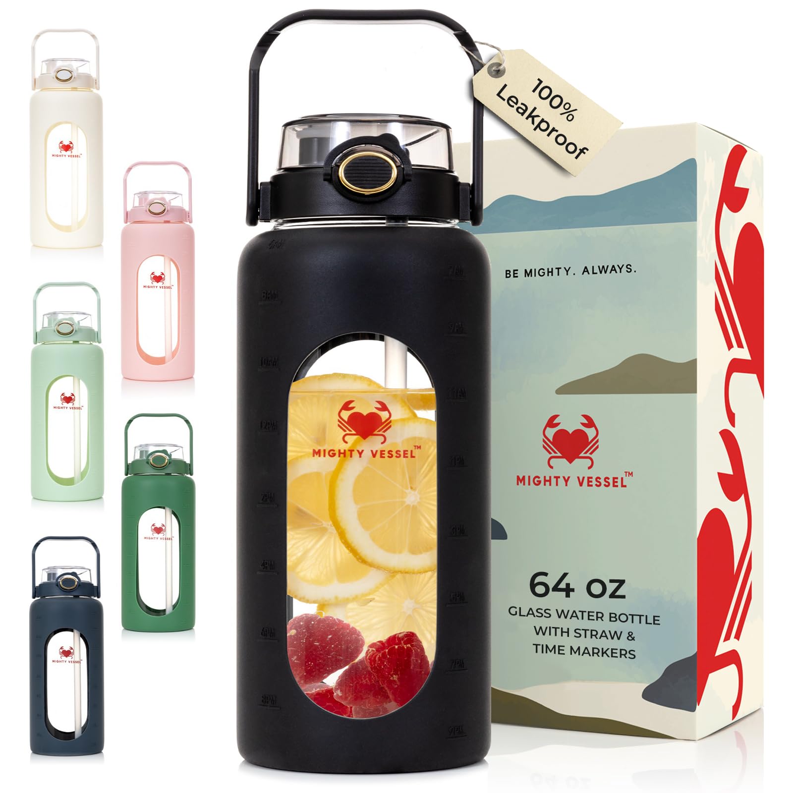 Mua MIGHTY VESSEL Leakproof Glass Water Bottles 64 oz - Borosilicate ...