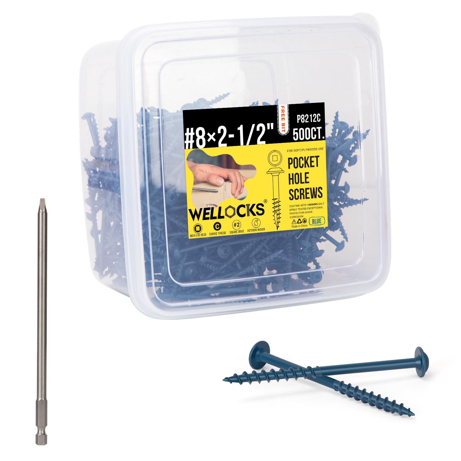 WELLOCKS Pocket Hole Screws #8×2-1/2" 500PCS Blue 6" Long SQ2 Bit ...