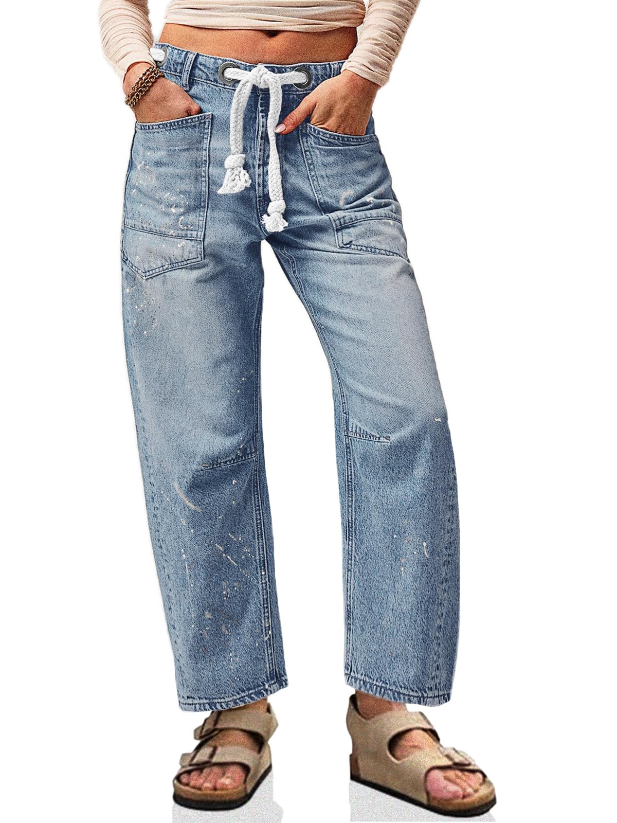 Cicy Bell Womens Baggy Barrel Horseshoe Jeans Wide Leg Drawstring ...