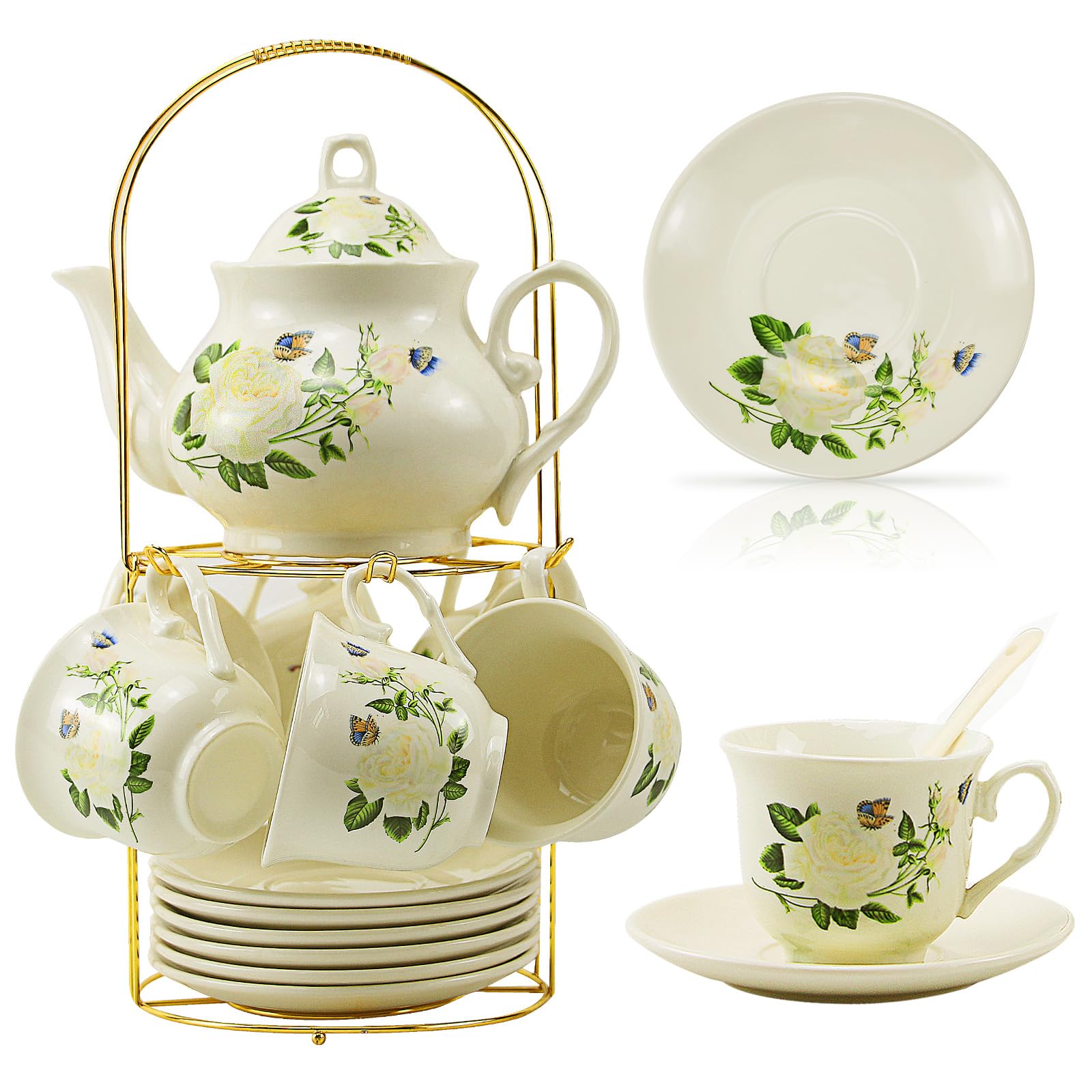20-Pieces Porcelain Bone china Tea Sets,Gold Rim Coffee Set with Golden ...