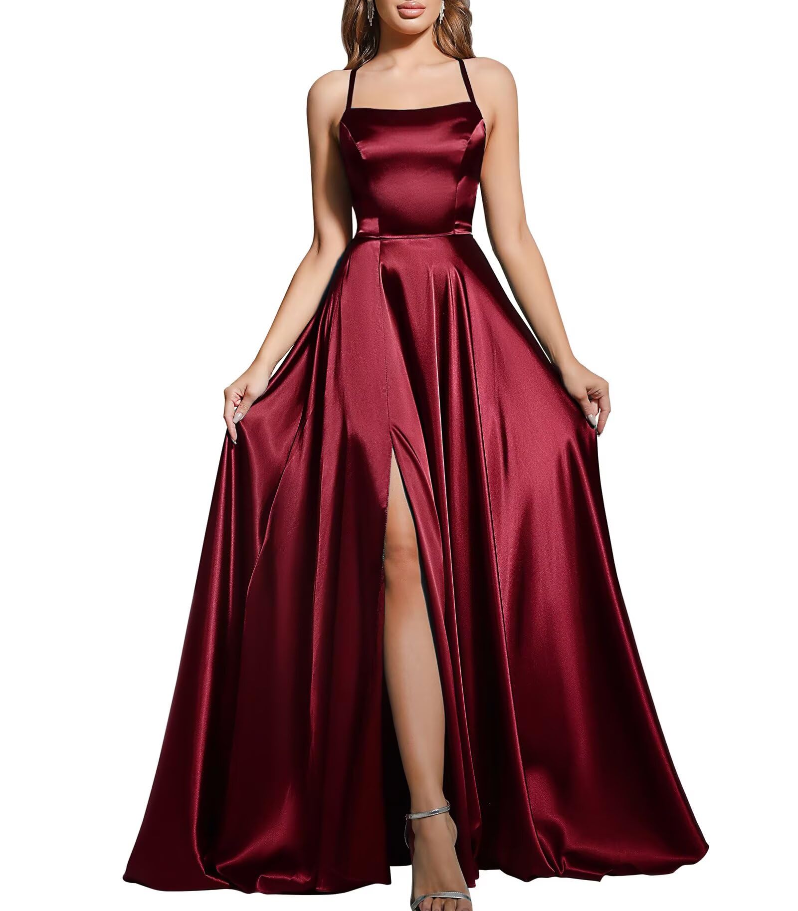 Women's Spaghetti Satin Prom Dresses 2025 with Slit Long Formal Gown Party Vintage Maxi Evenig ...