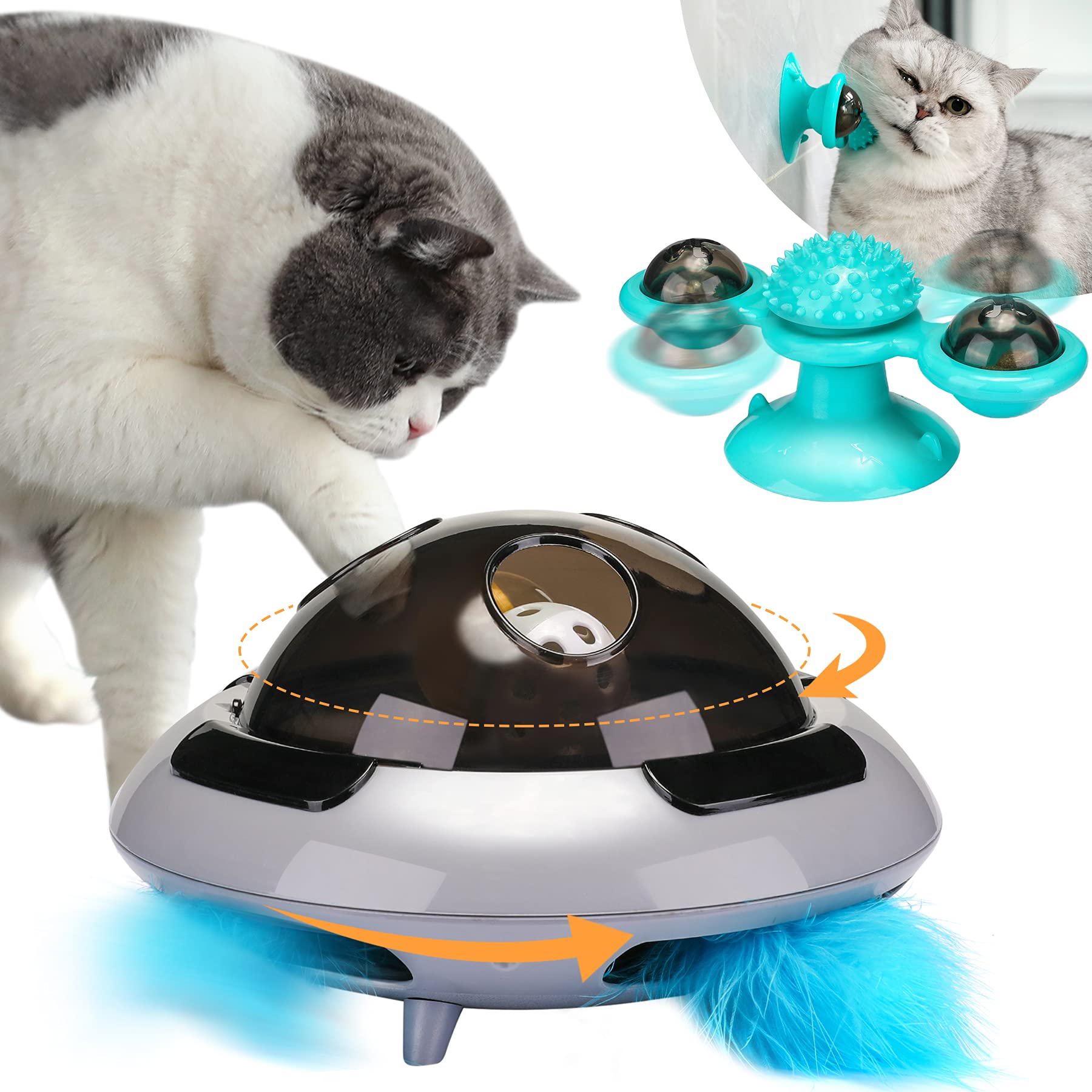 Interactive Cat Toys with Feathers and Ball Automatic Spinning UFO Cat ...