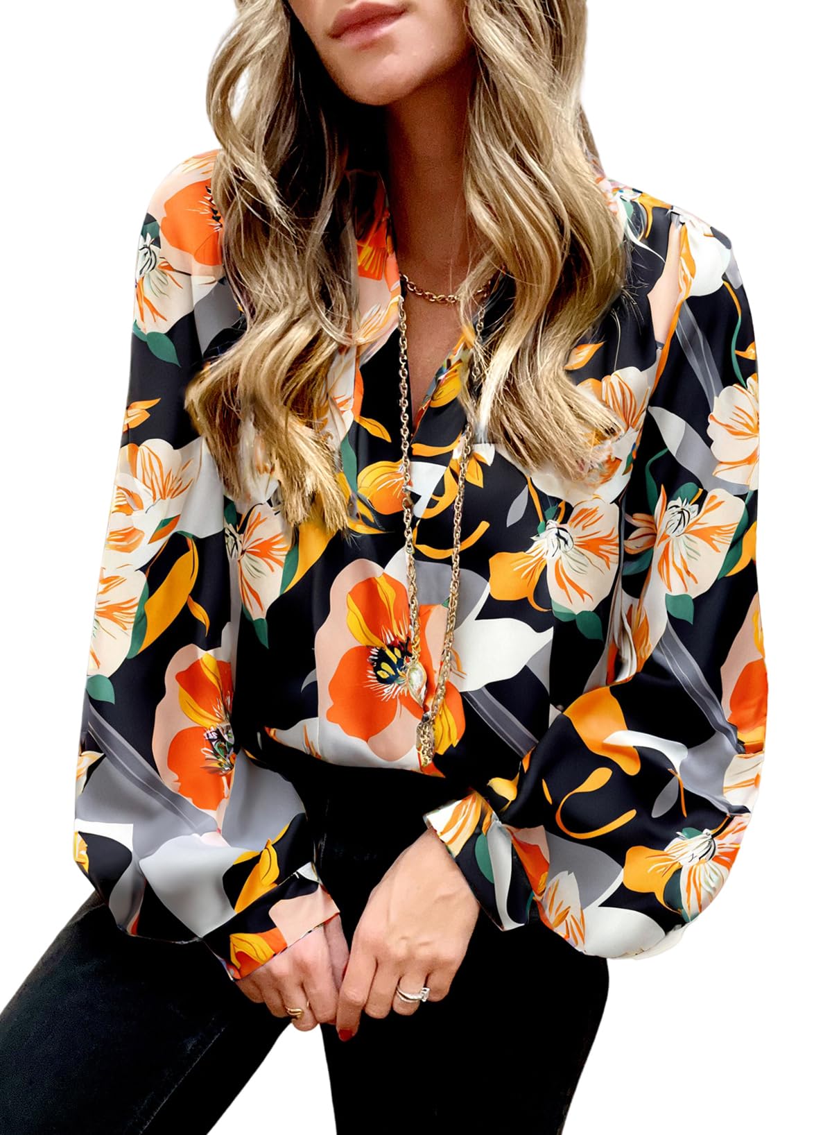 Dokotoo Womens Blouse Boho V Neck Abstract Print Lantern Long Sleeve ...