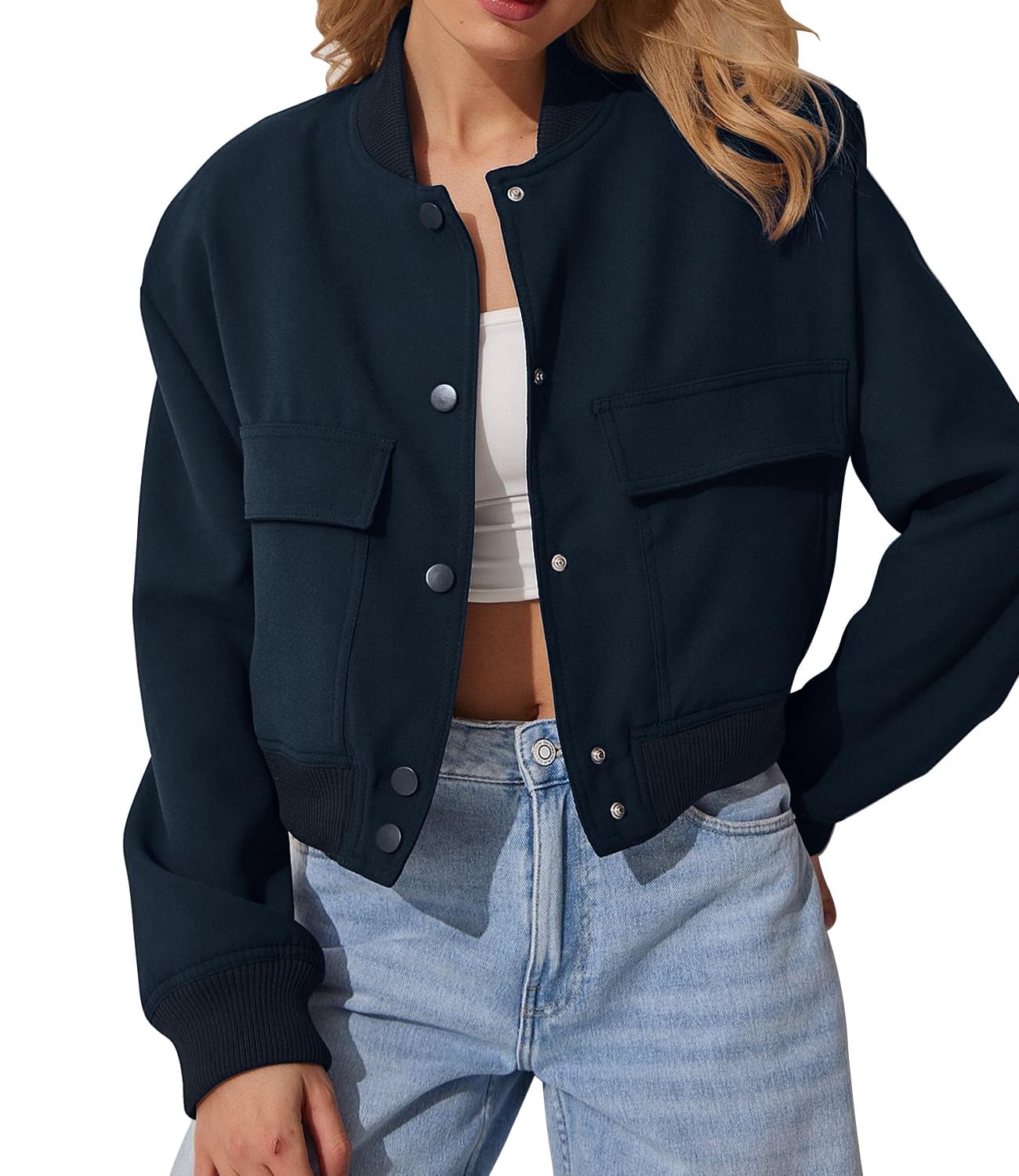 hathne Women's Cropped Bomber Jacket Button Up Casual Streetwear Bomber ...