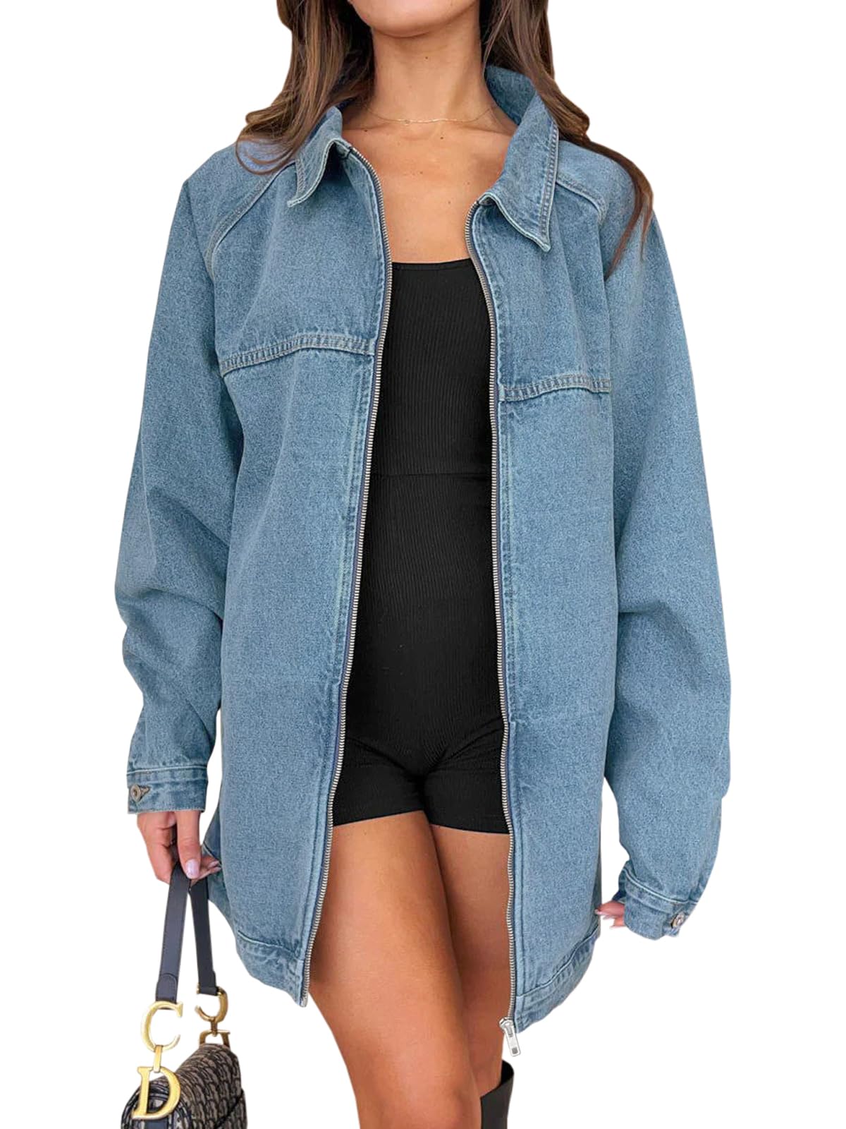 Tankaneo Womens Oversized Denim Jackets Casual Zip up Spring Long ...
