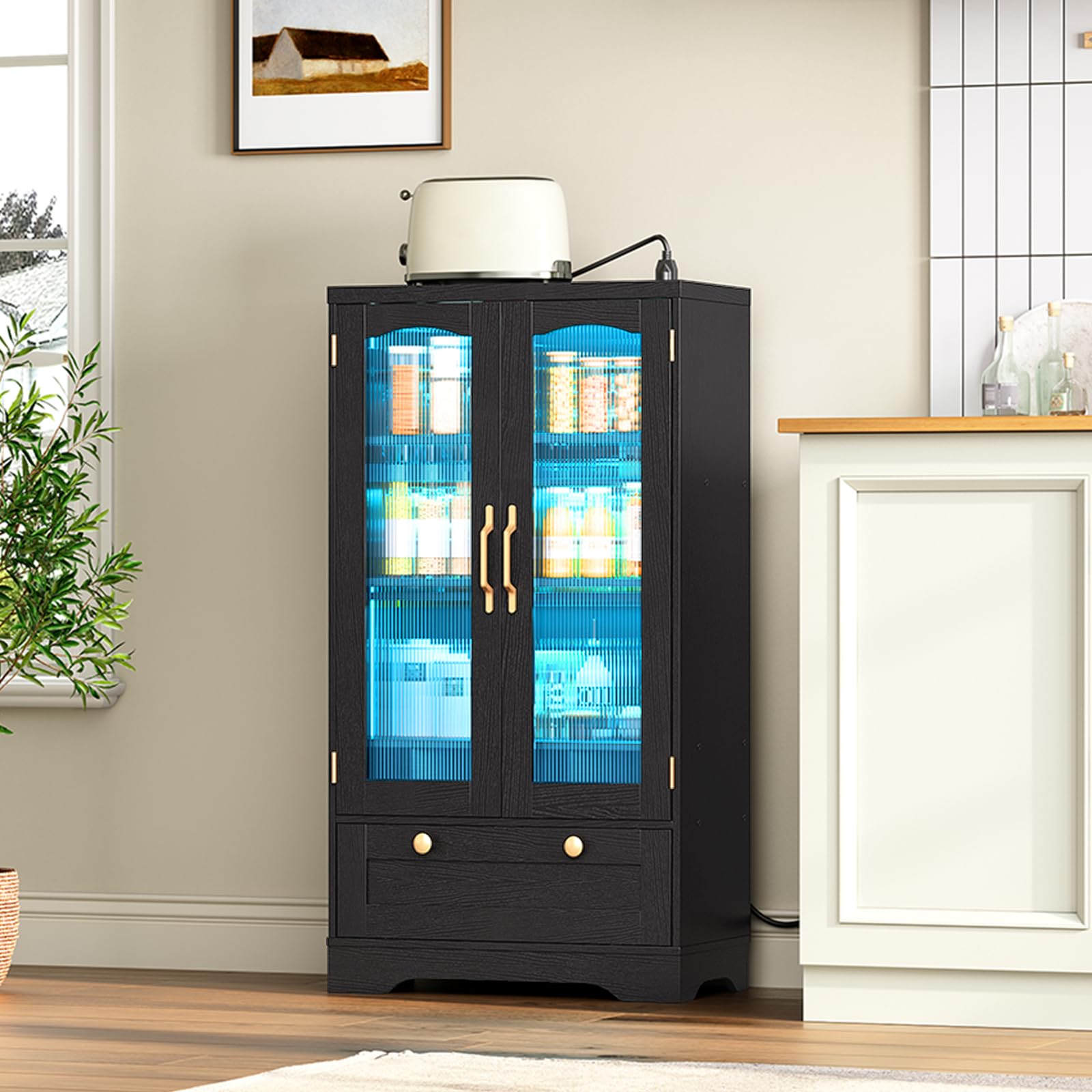 HOOBRO Kitchen Pantry Cabinet, Pantry Cabinet with Cup Holders and Wine ...