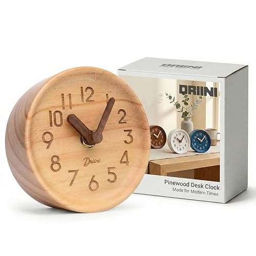 Driini Wooden Analog Desktop Clock – 4.3 in. Decorative Pinewood, No ...