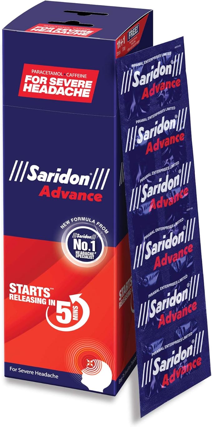 Saridon Advance for Severe Headache (Pack of 12) Strips of 10, White ...