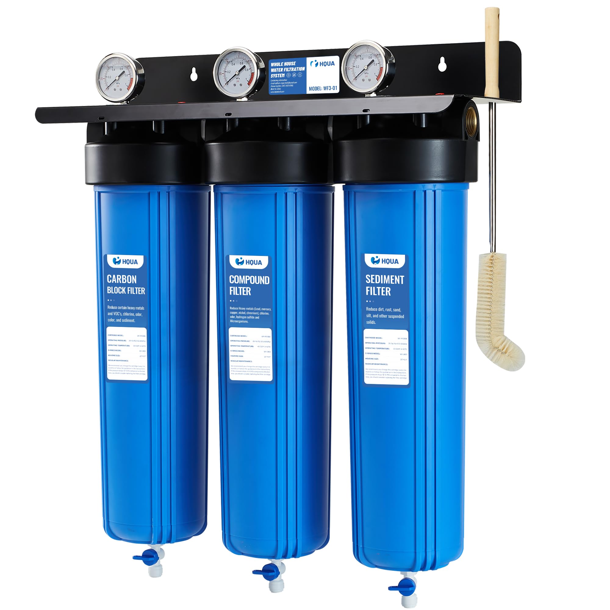 HQUA WF3-01 3-Stage Whole House Water Filtration System, Reduces Heavy Metals (Lead, Mercury ...