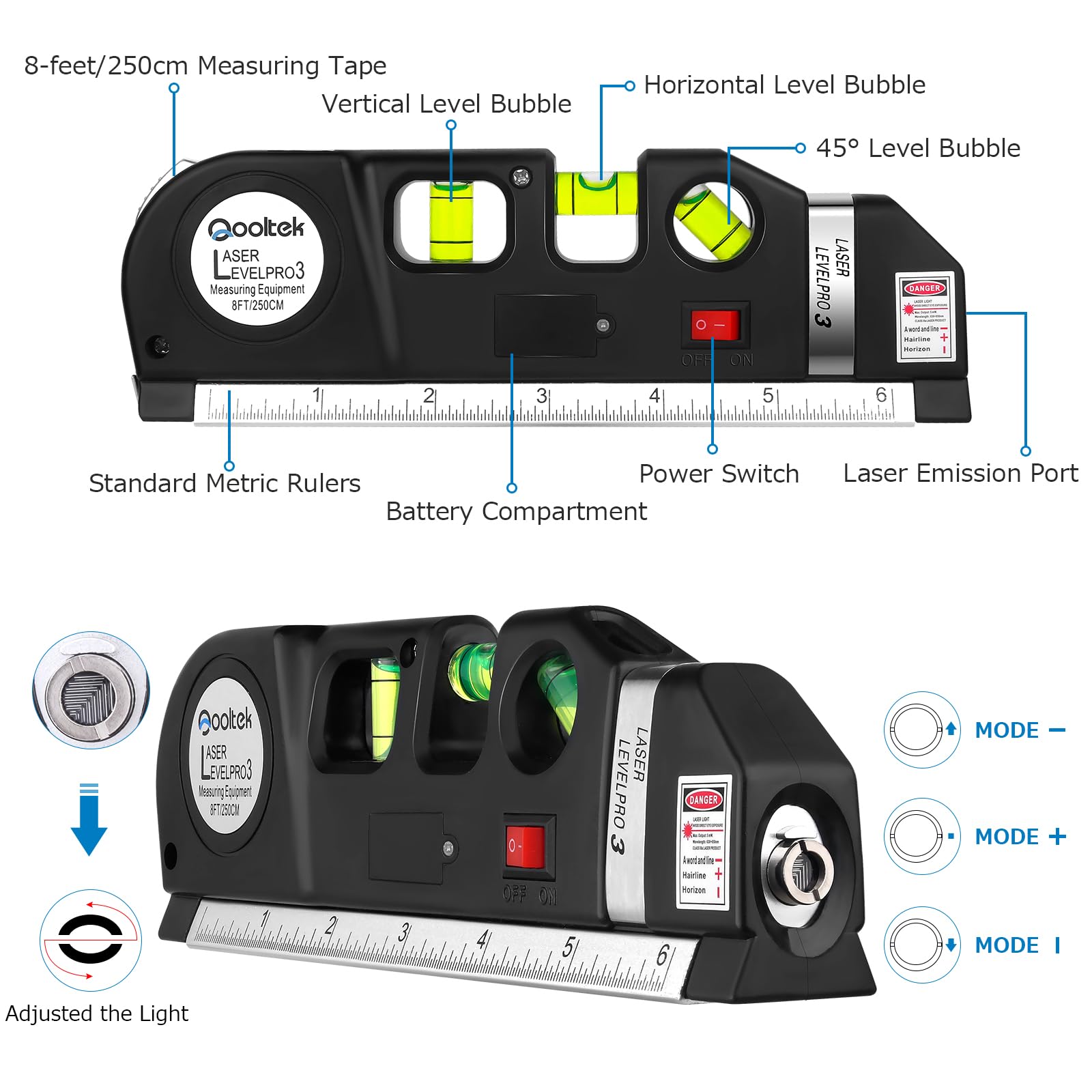 Mua Qooltek Multipurpose Laser Level Horizon Horizontal Vertical Line 8ft+ Measure Tape Ruler ...
