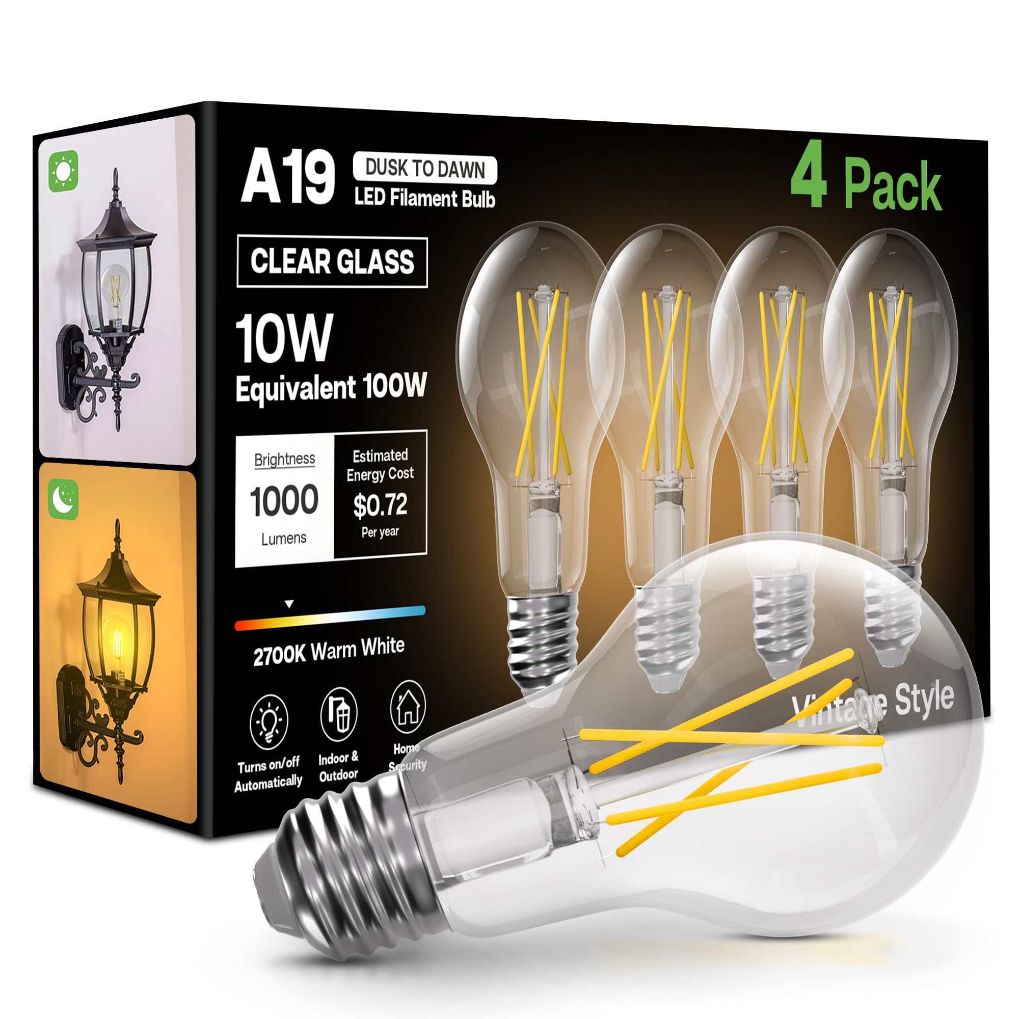 Eastiya Dusk to Dawn Outdoor LED Light Bulb, 10W Equivalent 100W, A19 LED Light Bulb, E26 Base ...