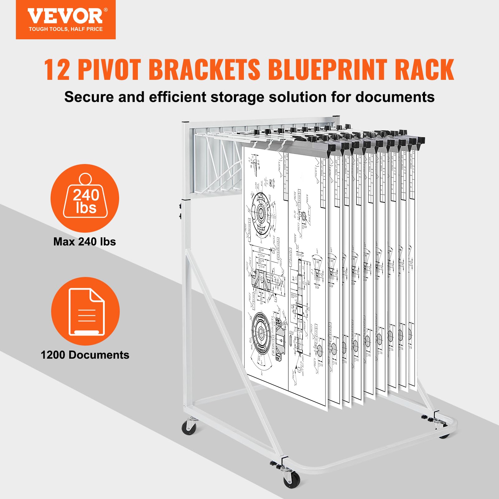 VEVOR Mobile Blueprint Storage Rack, Plan Holder With 12 Pivot Brackets ...