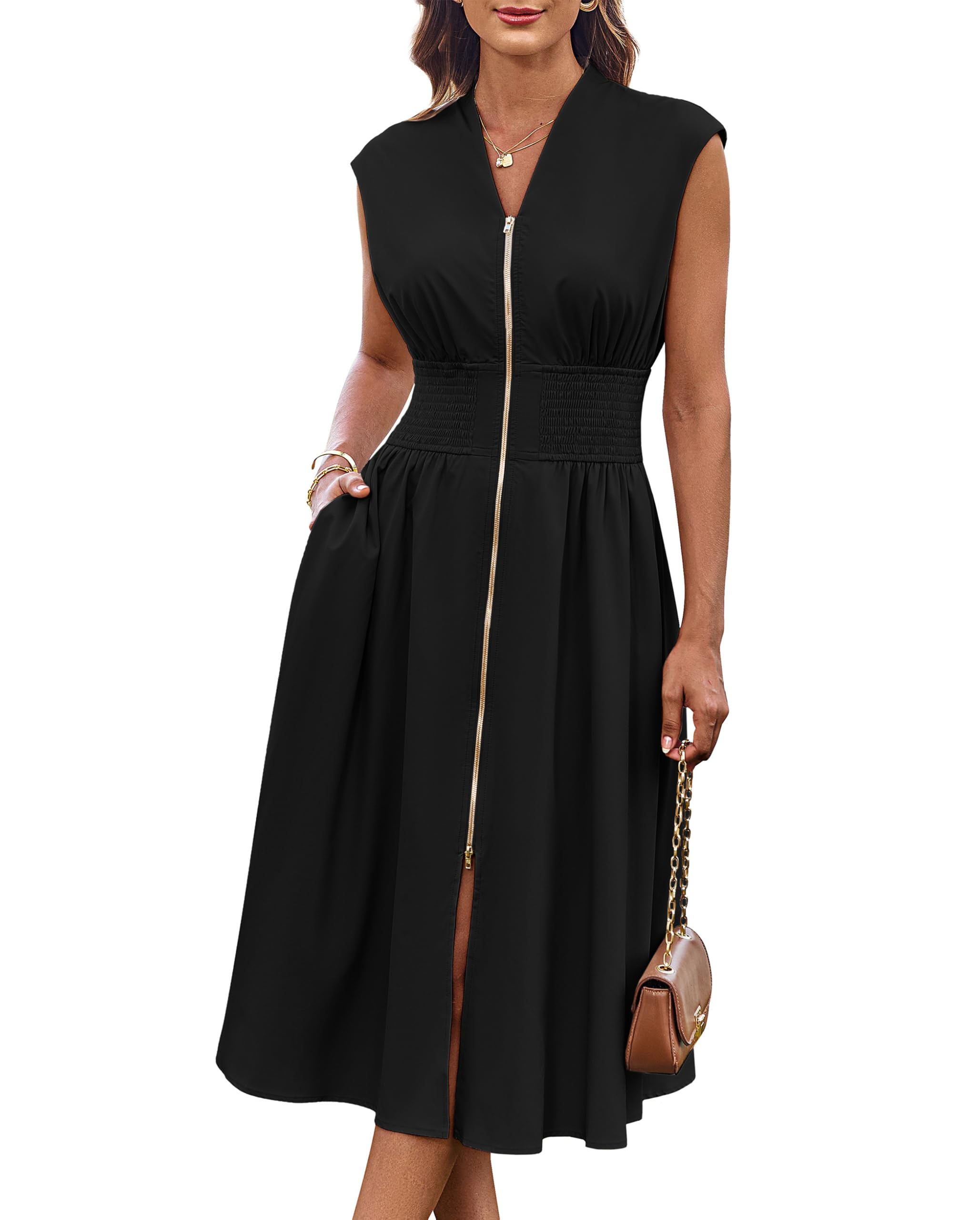GRACE KARIN Black Dress for Women 2025 Summer Trendy Sleeveless Zipper Front V Neck Smocked ...