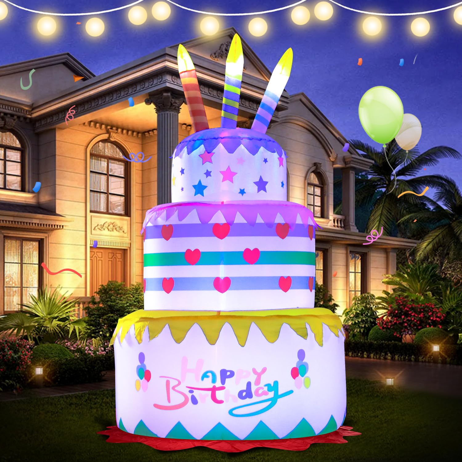 DomKom [New] 6FT Inflatables Birthday Cake Outdoor Decorations with Candles,Build-in LED Magic ...