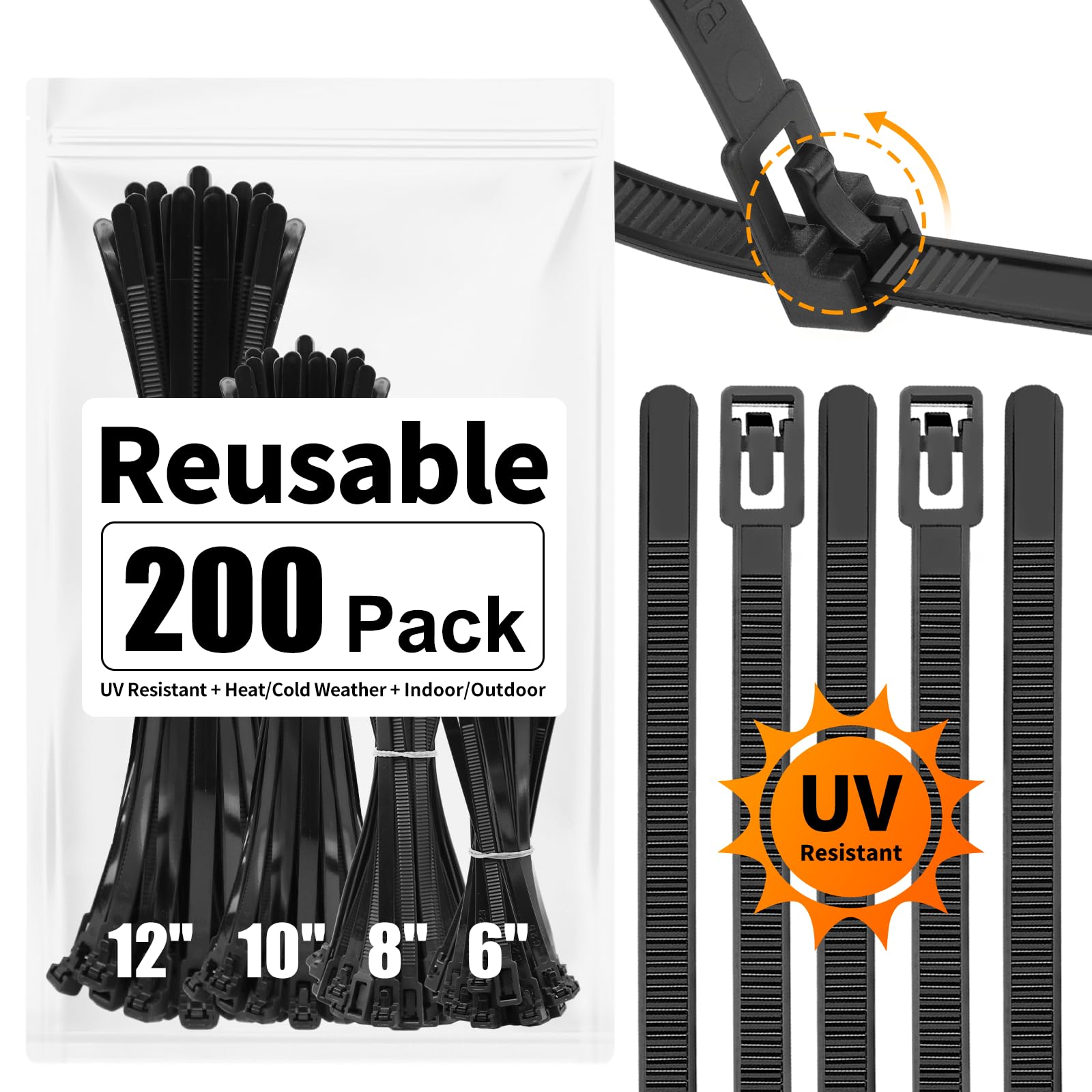 Mua SOOOEC 200 Pack Reusable Zip Ties Assorted Sizes 6+8+10+12 inch UV ...