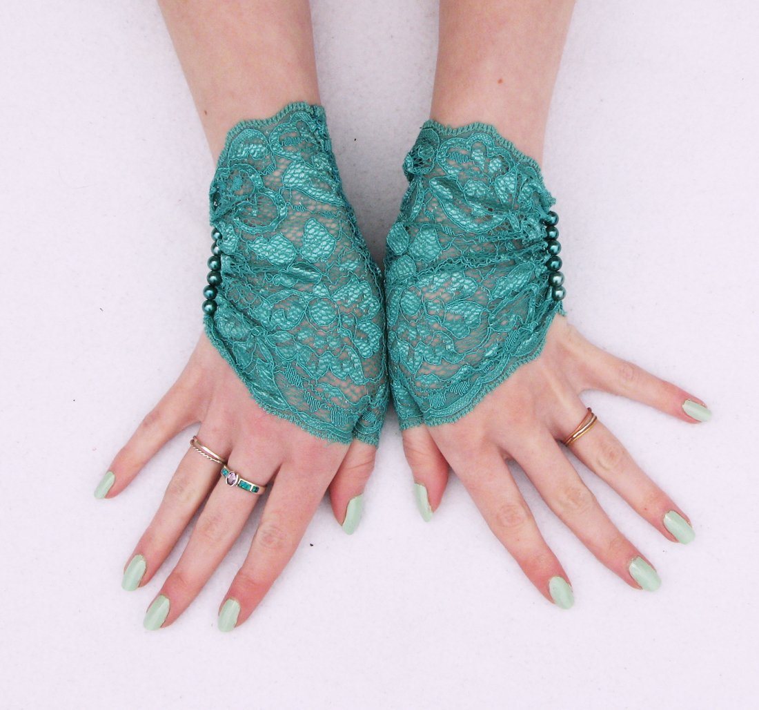 Amazon.com: Mermaid Pearls Fingerless Lace Gloves Teal Green: Handmade