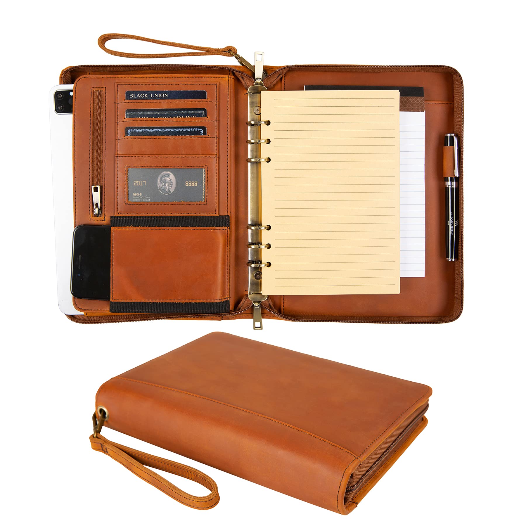 GZRHKJ A5 Genuine Leather Portfolio Notebook Binder, 6 Ring Binder ...