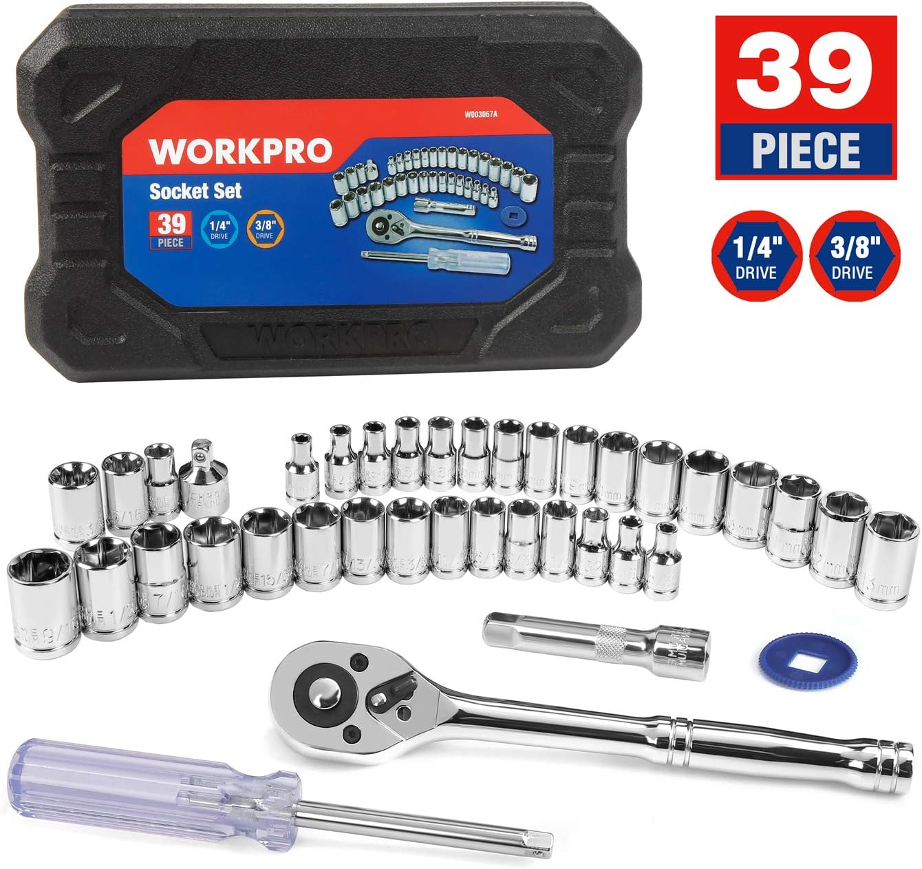 WORKPRO 39-Piece Drive Socket Set, 1/4''& 3/8'' Compact Sockets Set ...