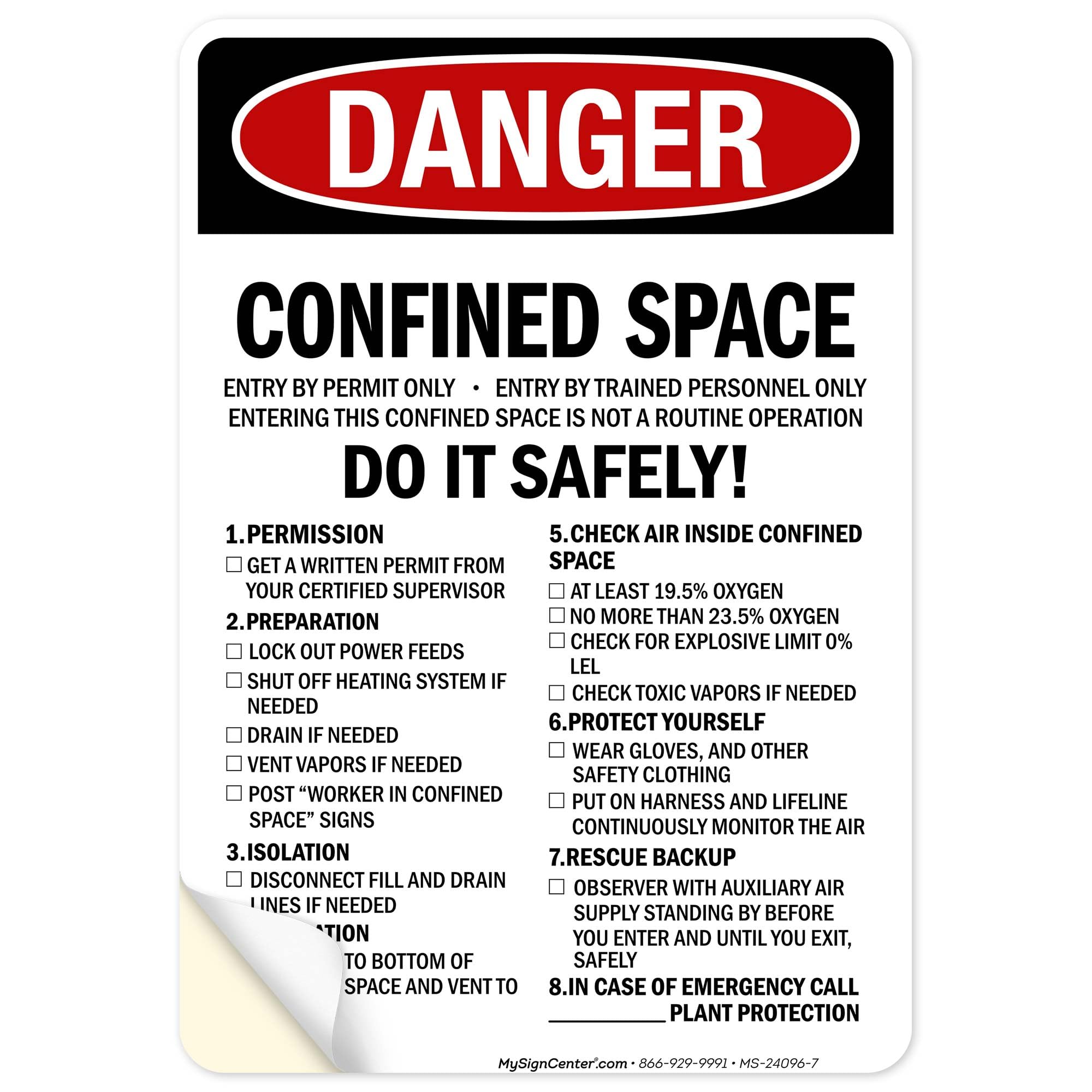 Danger Confined Space Enter By Permit Only Entry By Trained Personnel ...