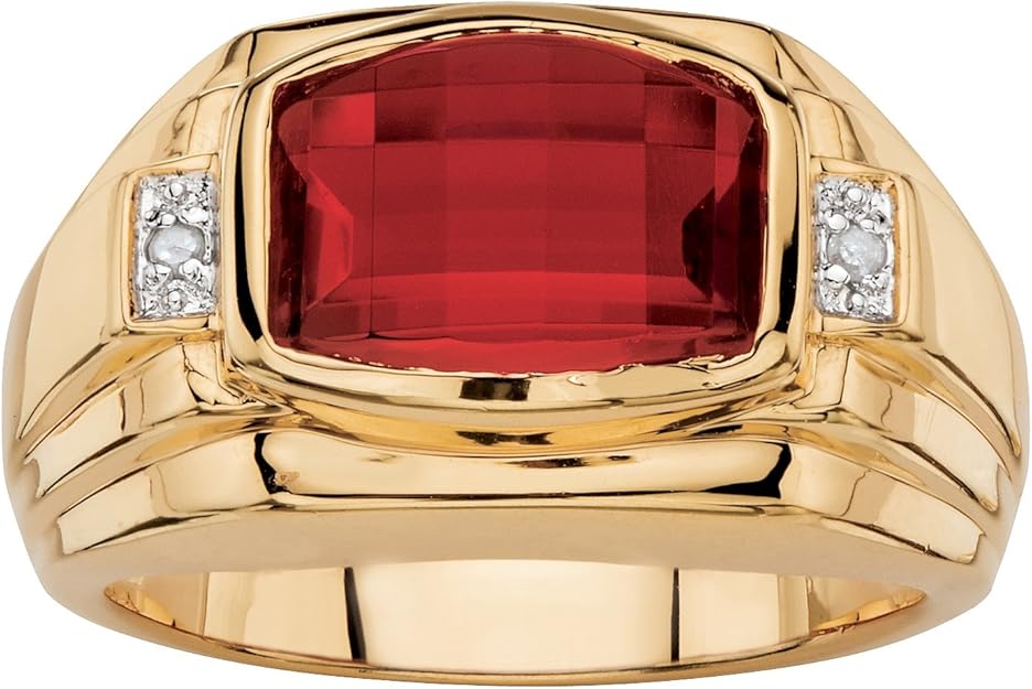 Palm Beach Jewelry Men's 18K Yellow Gold Plated Emerald Cut Created Red ...