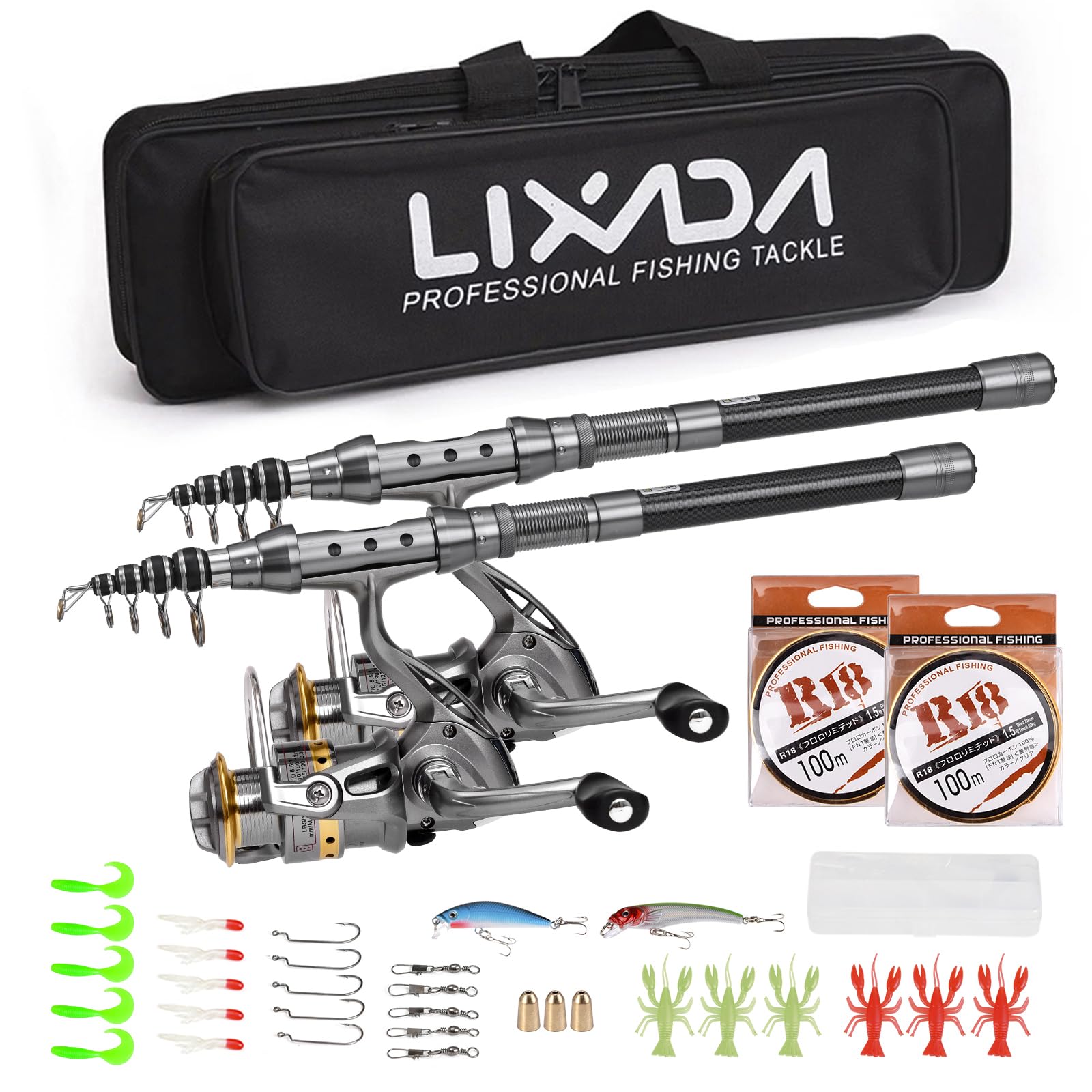 Lixada 2PCS Fishing Pole Combo Set 1.5/1.8/2.1/2.4m Rod Reel Telescopic ...