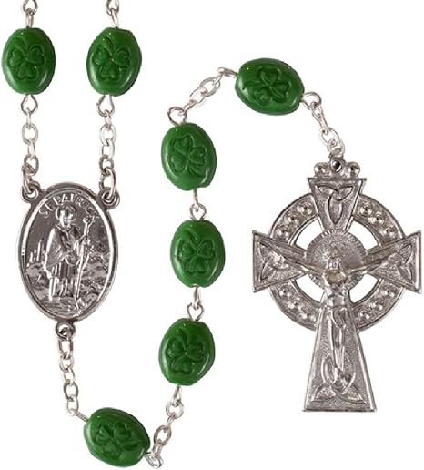 Amazon.com : Oval Shamrock Irish Beads Rosary w/St. Patrick Center and ...