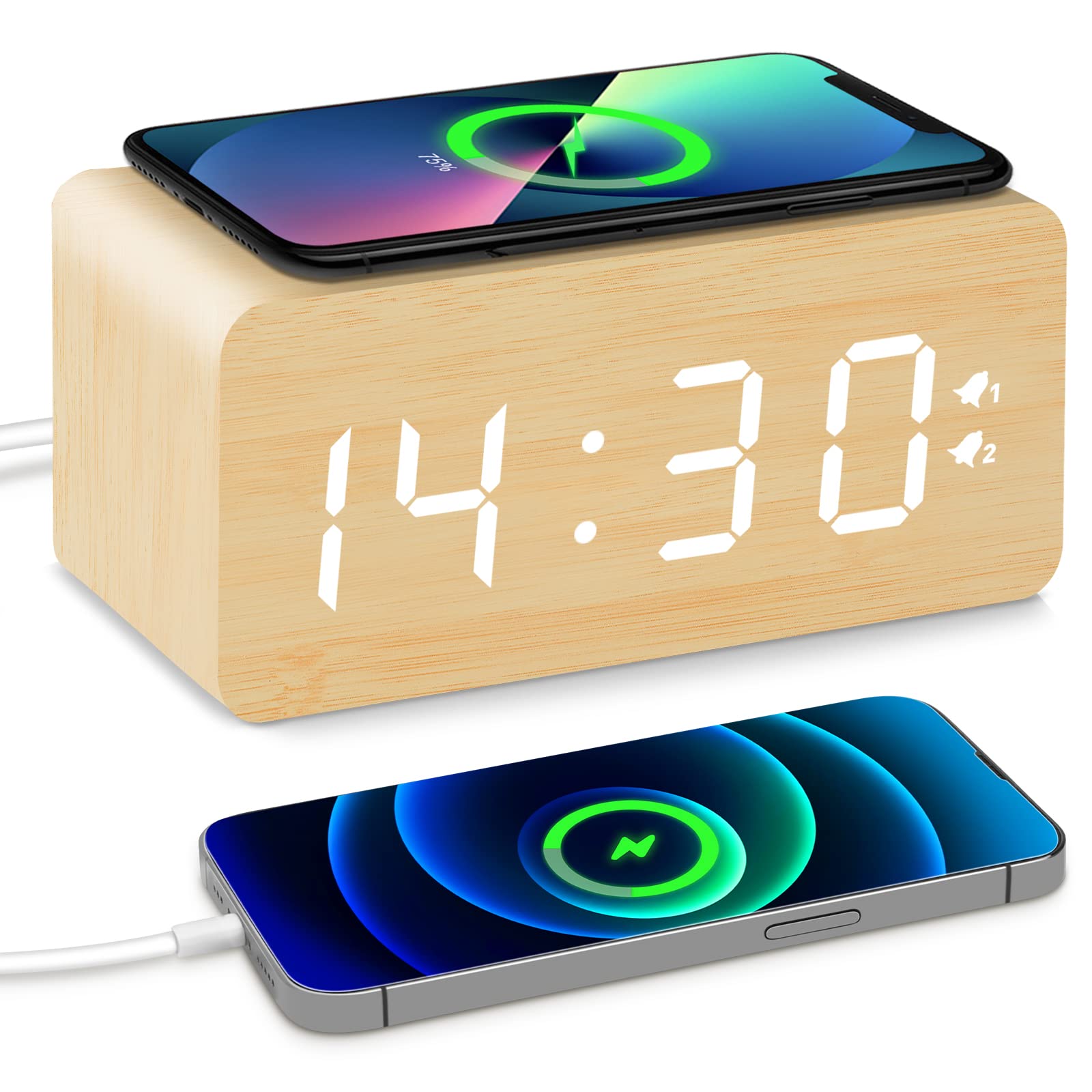 Mua Wooden Digital Alarm Clock, 10W Fast Wireless Charger Station & 2 ...
