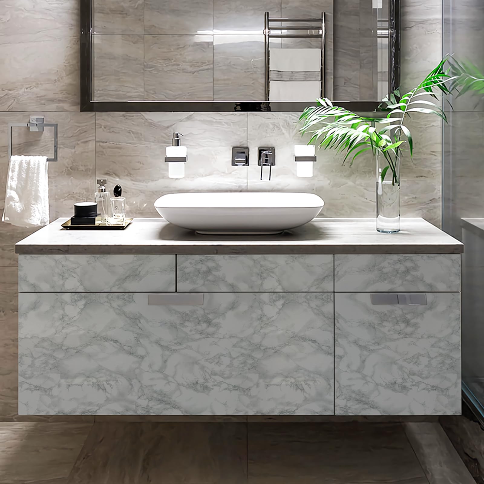 MSUP Glossy Marble Paper Granite White Gray Wallpaper 17.7"x196.8" Peel ...