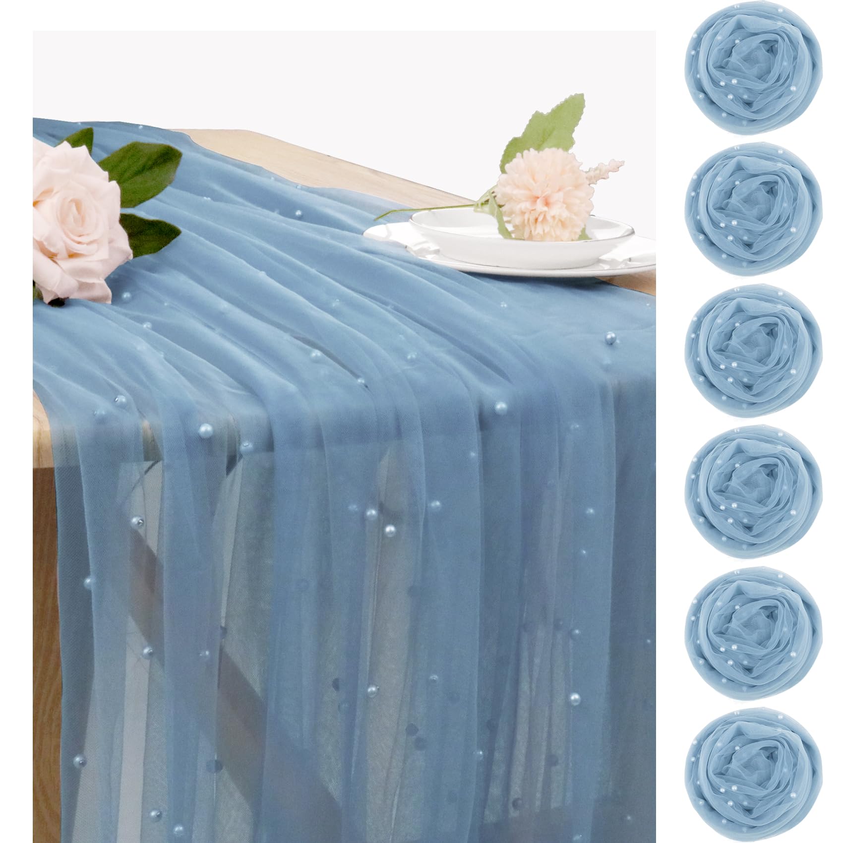 Set of 6 Pearl Table Runner 29 x 120 Inch Dusty Blue Tulle Fabric Lace ...