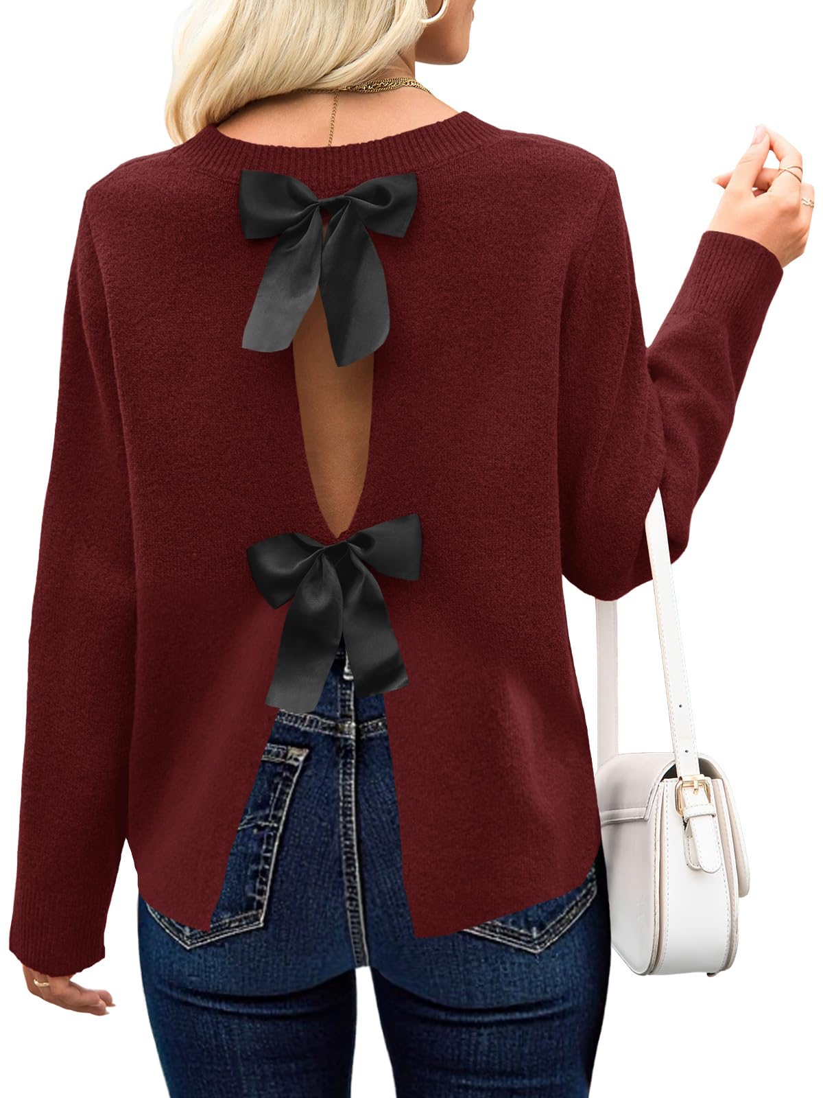 MED Saodimallsu Womens Bow Sweater Open Back Long Sleeve Going Out Tops ...