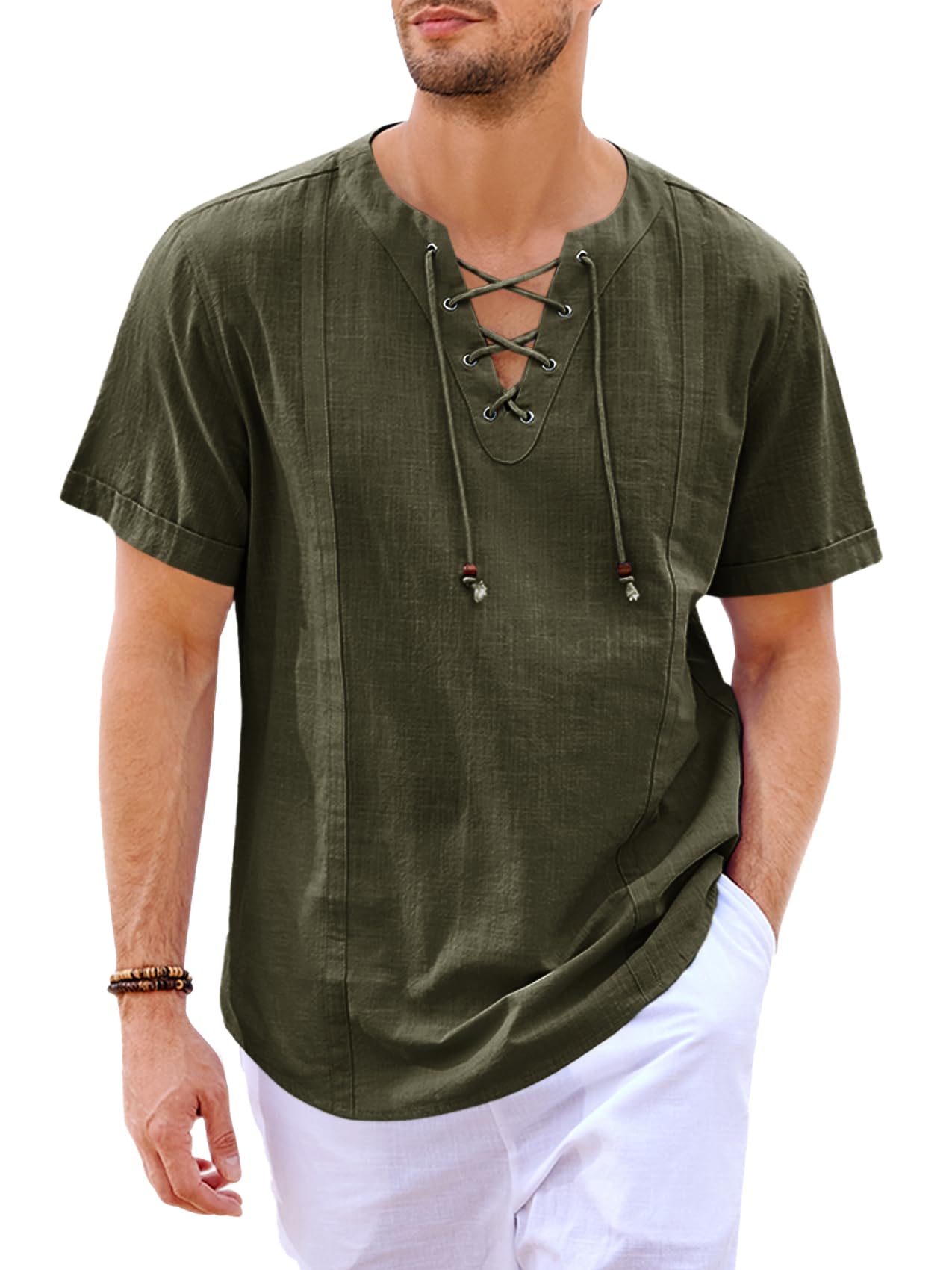 Runcati Mens Pirate Shirts Lace Up V Neck Medieval Viking Costume Tops Linen Drawstring Shirt ...