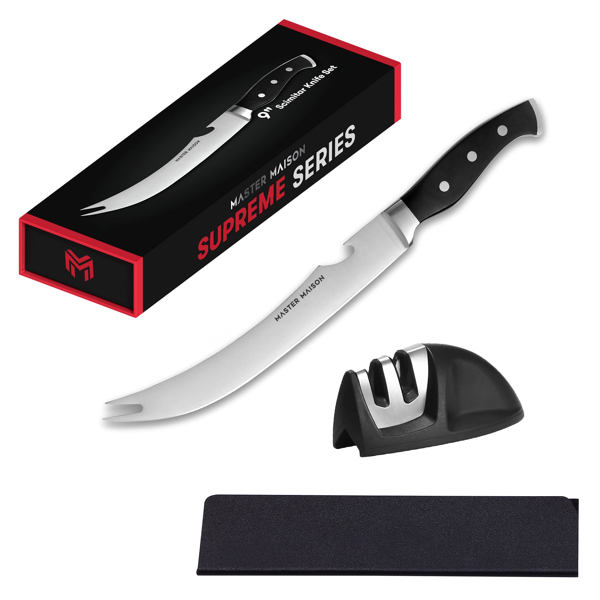Master Maison 9" Professional Stainless Steel Scimitar Knife Set with ...