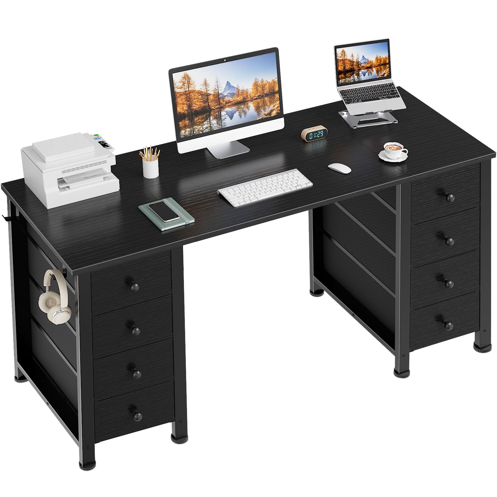 Black Gaming Desk with Fabric Drawers on Both Sides, 55 Inch Home ...