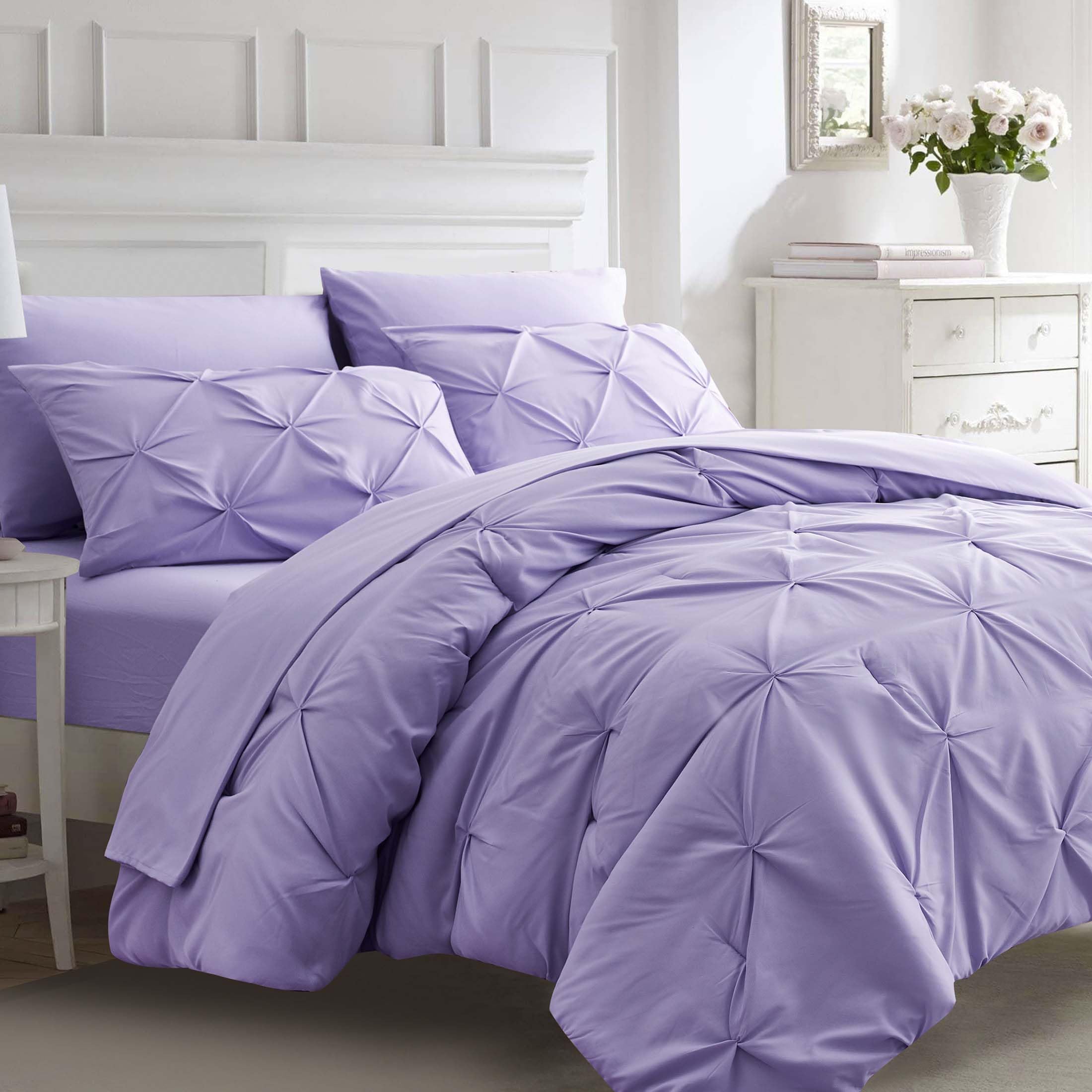 Ubauba 7pc Full Size Comforter Set with Sheets, Light Purple Pintuck 7 ...