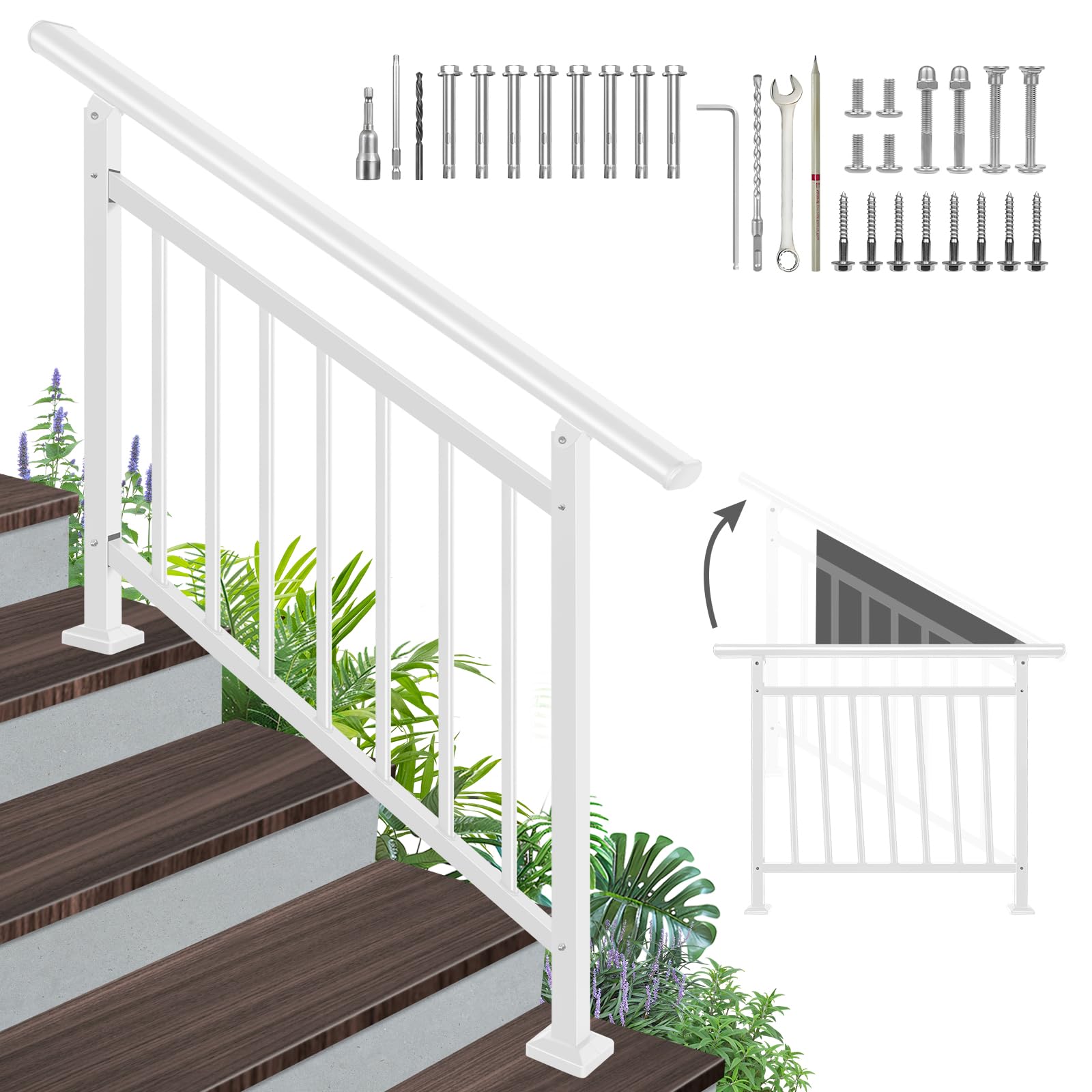 Adjustable Handrails for Outdoor Steps – White Metal Stair Railing with ...