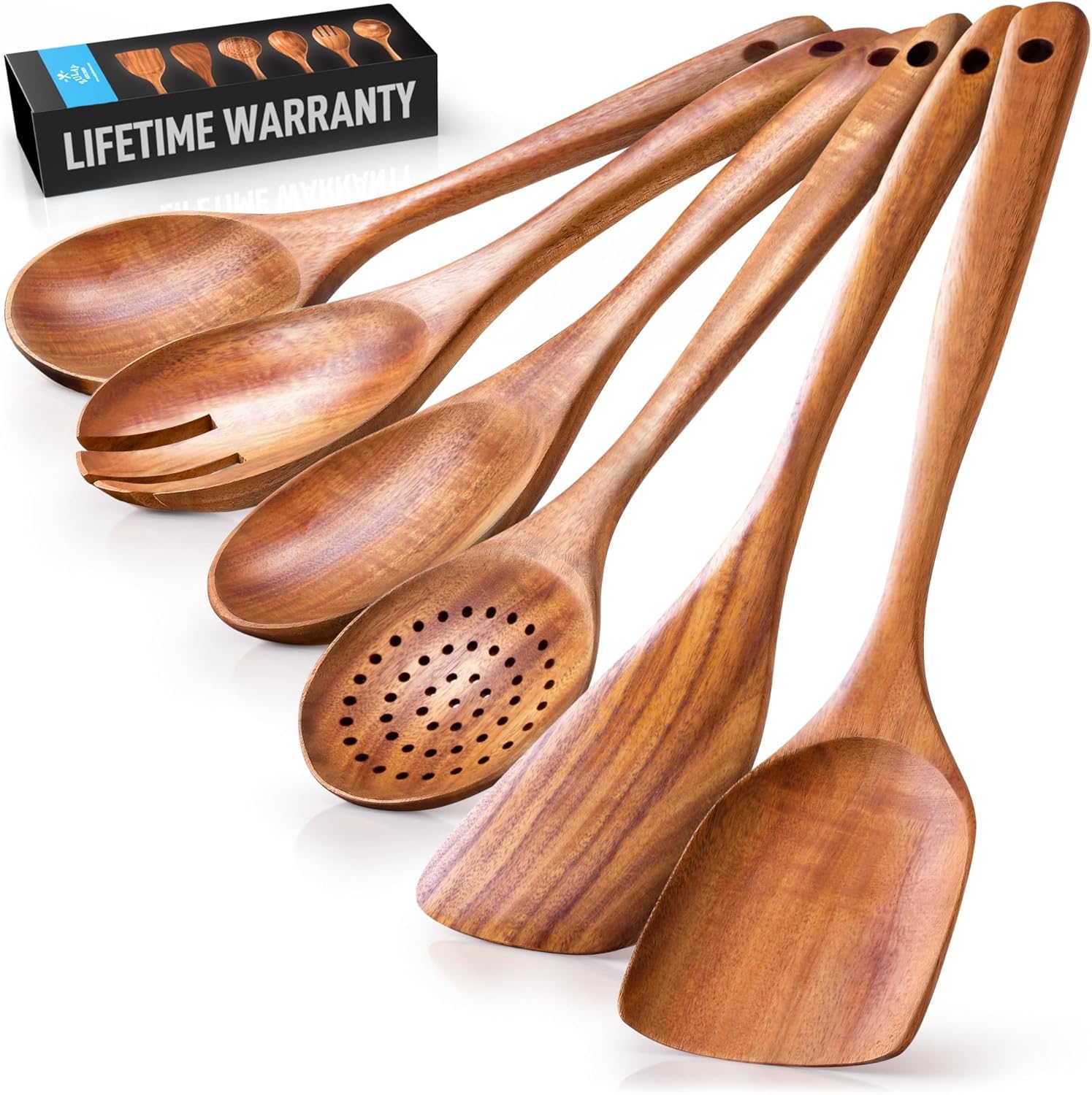 Zulay Kitchen 6-Piece Wooden Spoons for Cooking - Smooth Finish Teak ...