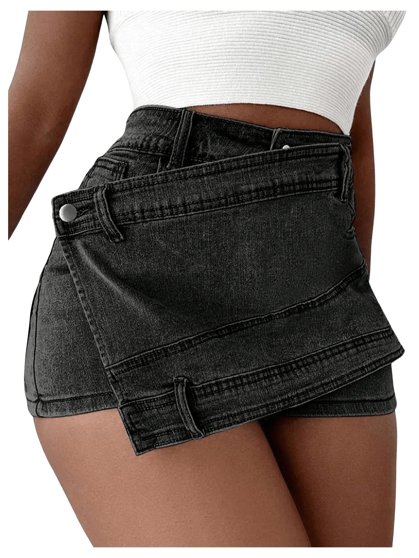 SHENHE Women's Mini Denim Skorts Asymmetrical High Waisted Wrap Sexy ...